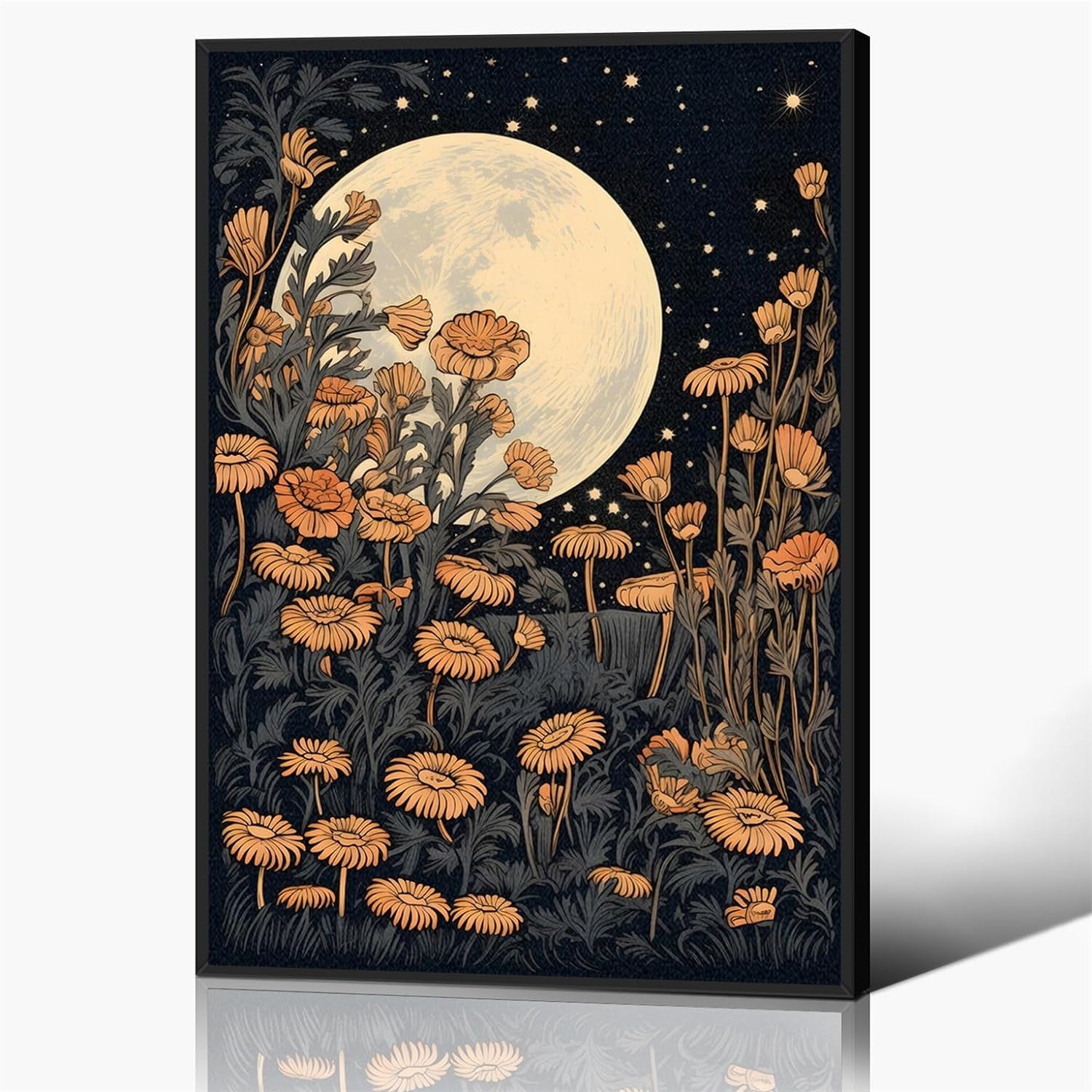 SYDposter Vintage Moon Flowers Canvas Wall Art,Retro Mystical Celestial Moon Poster,Rustic ...