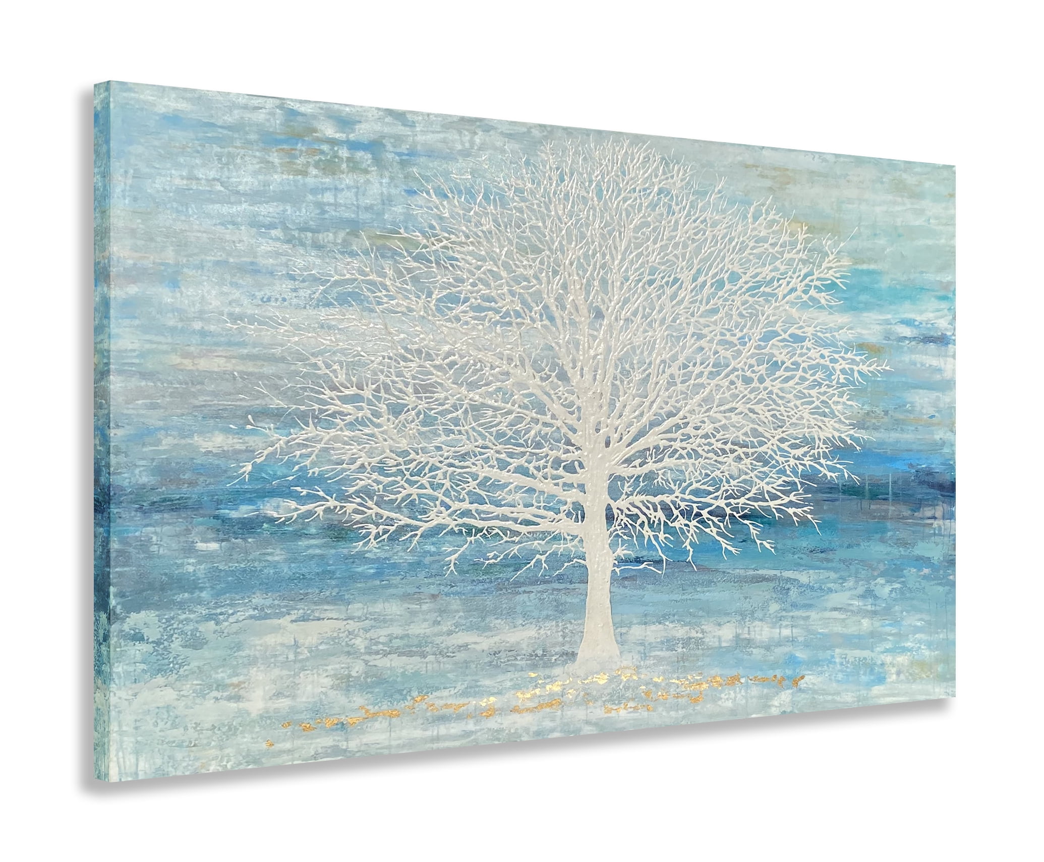 SYGALLERIER Hand Painted Teal/Blue Tree Canvas Art with Gold Foil ...