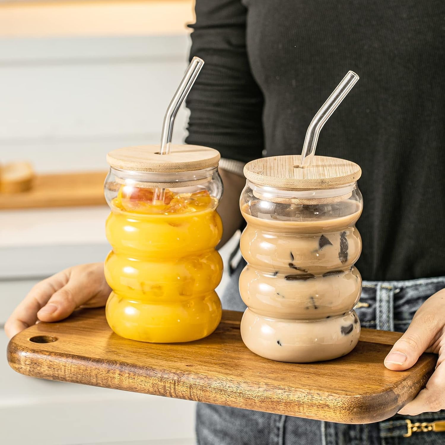 SYJBUH 2Pcs Wave Drinking Glasses Tumbler with Bamboo Lid and Glass ...