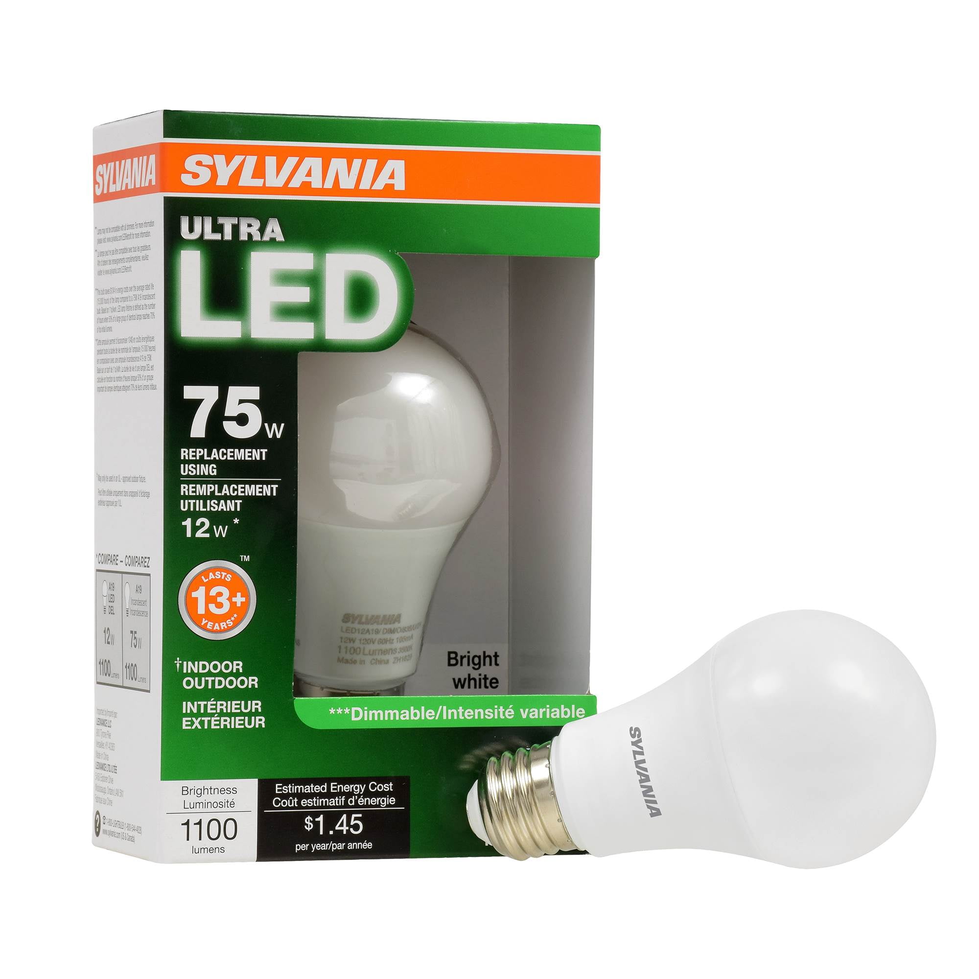 SYLVANIA 74426 Ultra 75W Equivalent 12W Dimmable A19 LED Bulb, Bright ...