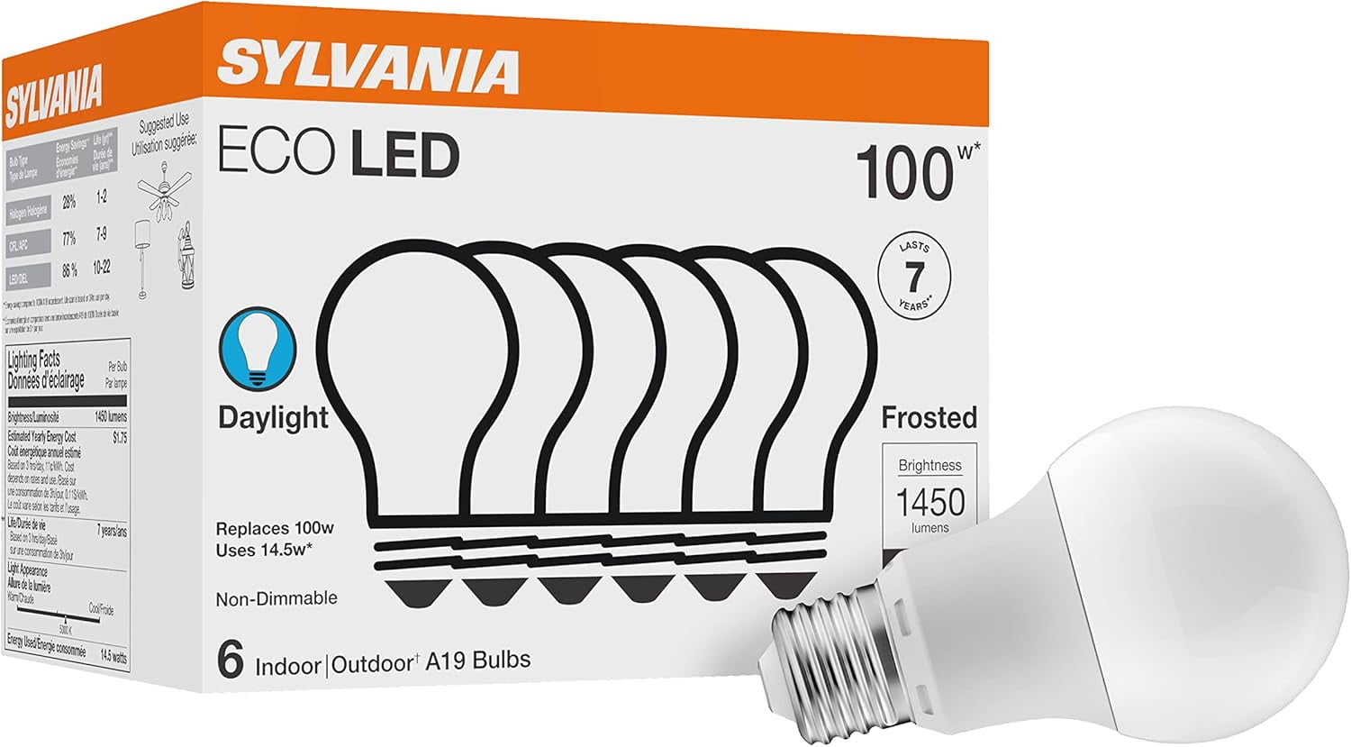SYLVANIA ECO LED Light Bulb, A19 60W Equivalent, Efficient 9W, 7 Year, 750 Lumens, 2700K, Non ...