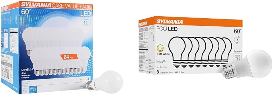 SYLVANIA LED A19 Light Bulb, 60W Equivalent, Efficient 8.5W, 10 Year, 2700K, 800 Lumens, Frosted ...