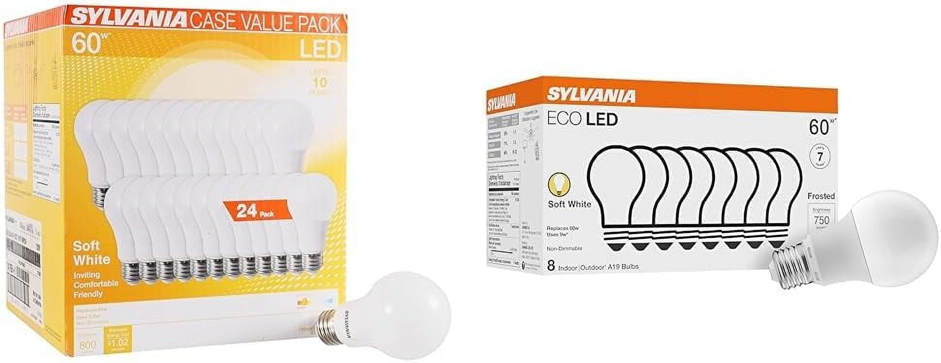 SYLVANIA LED A19 Light Bulb, 60W Equivalent, Efficient 8.5W, 10 Year, 2700K, 800 Lumens, Frosted ...
