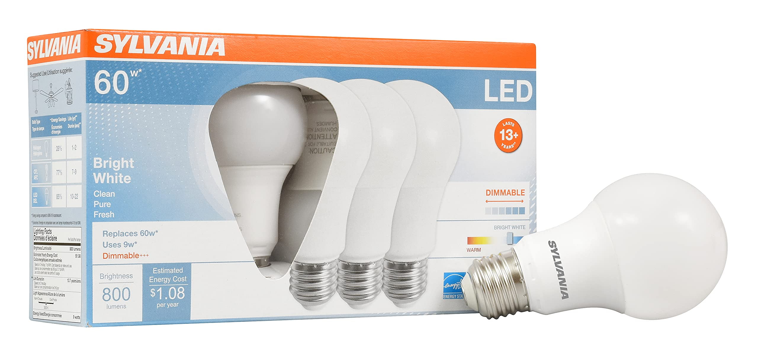 SYLVANIA LED A19 Light Bulb, 60W Equivalent, Efficient 9W, Medium Base ...