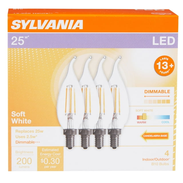 SYLVANIA LED B10 Light Bulb, 25 Watt, Dimmable, 4 Pack - Walmart.com