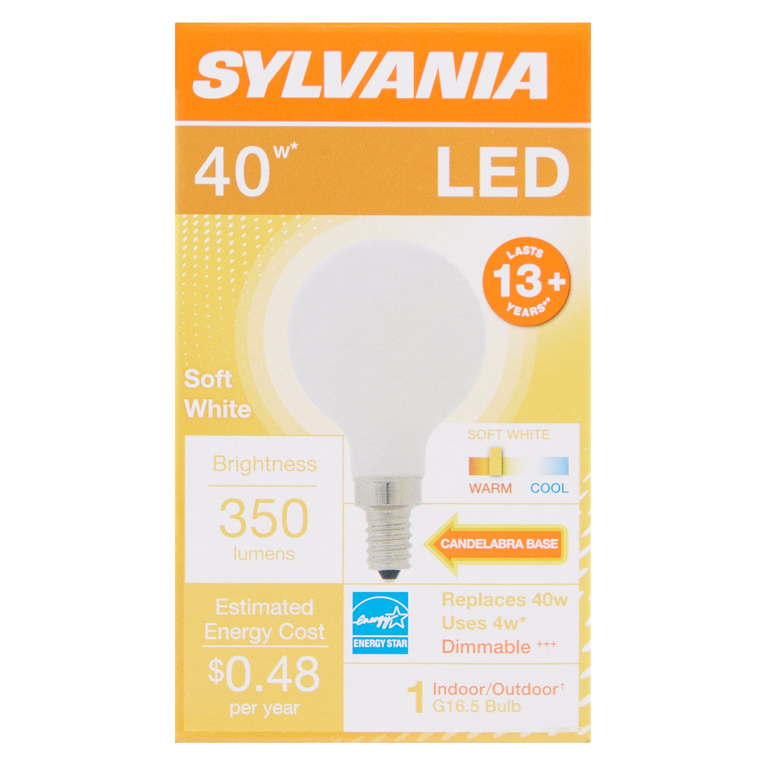 SYLVANIA LED G16.5 Light Bulb, 40 Watt, Dimmable, 1 Pack - Walmart.com