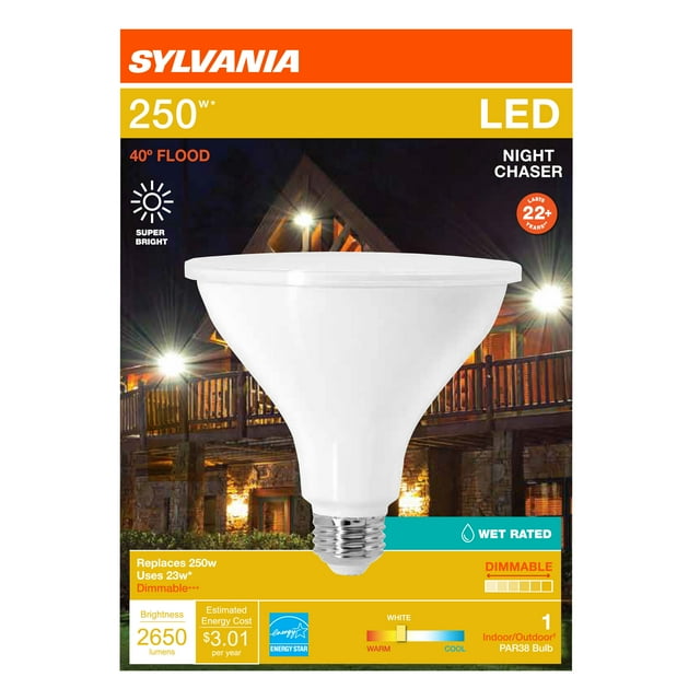 SYLVANIA PAR38 Night Chaser LED Light Bulb 250W, 40* Beam Spread, Dim ...