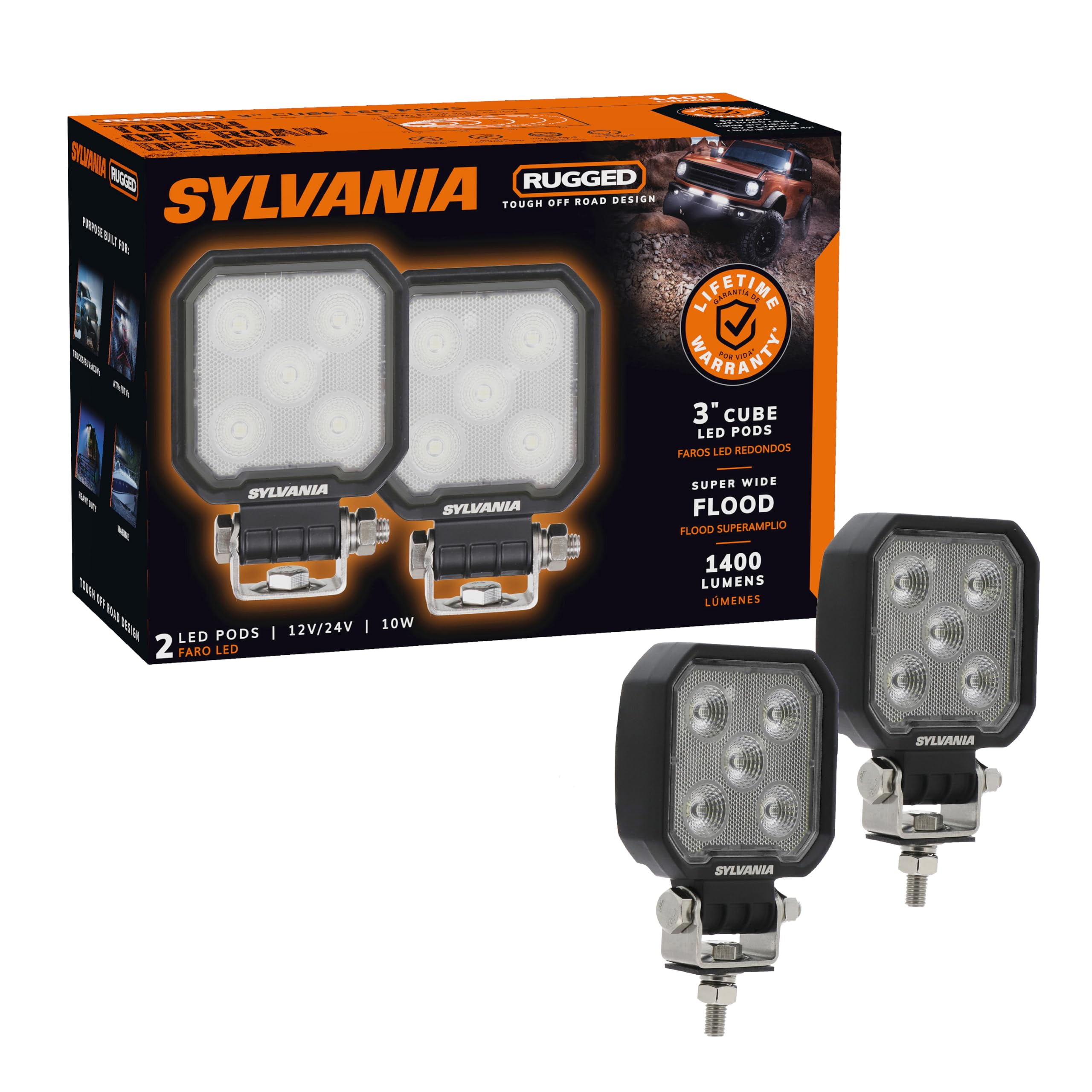 SYLVANIA Rugged 3 Inch Cube LED Light Pods, Flood Light 1400 Raw Lumens ...