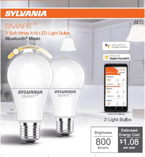 SYLVANIA Smart A19 Light Bulb, 60 Watt, Dimmable, Soft White, 2 Pack ...