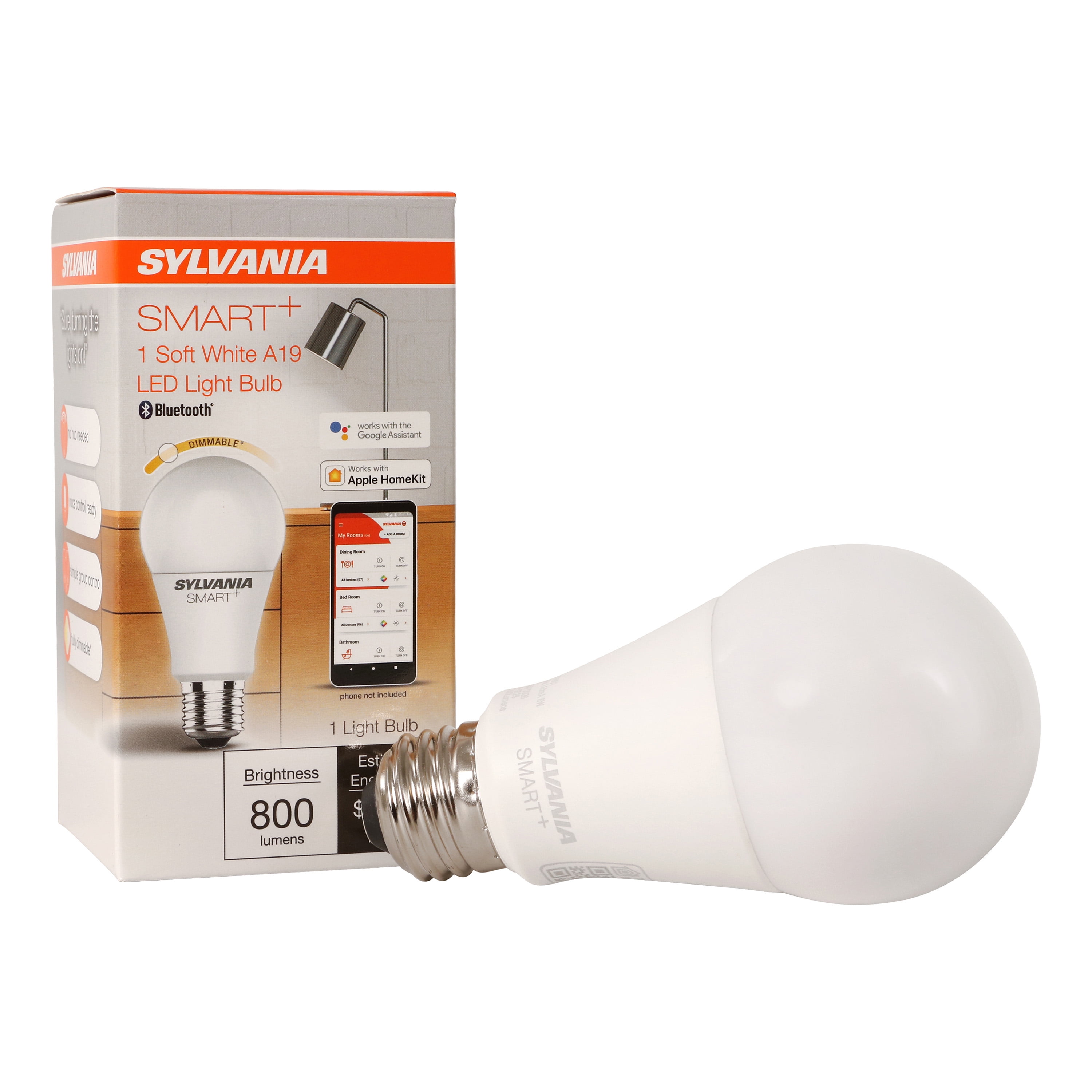 SYLVANIA Smart Bluetooth LED Light Bulb, A19, Dimmable, 2700K, Works ...