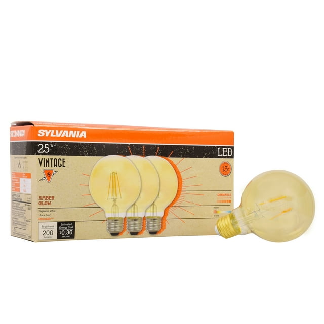 SYLVANIA G25 Vintage Globe LED Light Bulbs, 3W, Dimmable, 2200K Amber ...