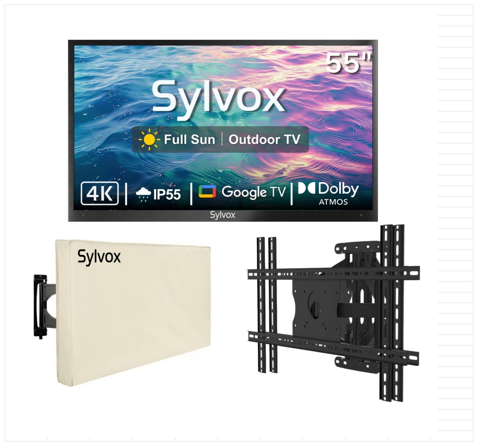 SYLVOX 55" Full Sun Outdoor TV with Mount and Cover, IP55 Weatherproof ...