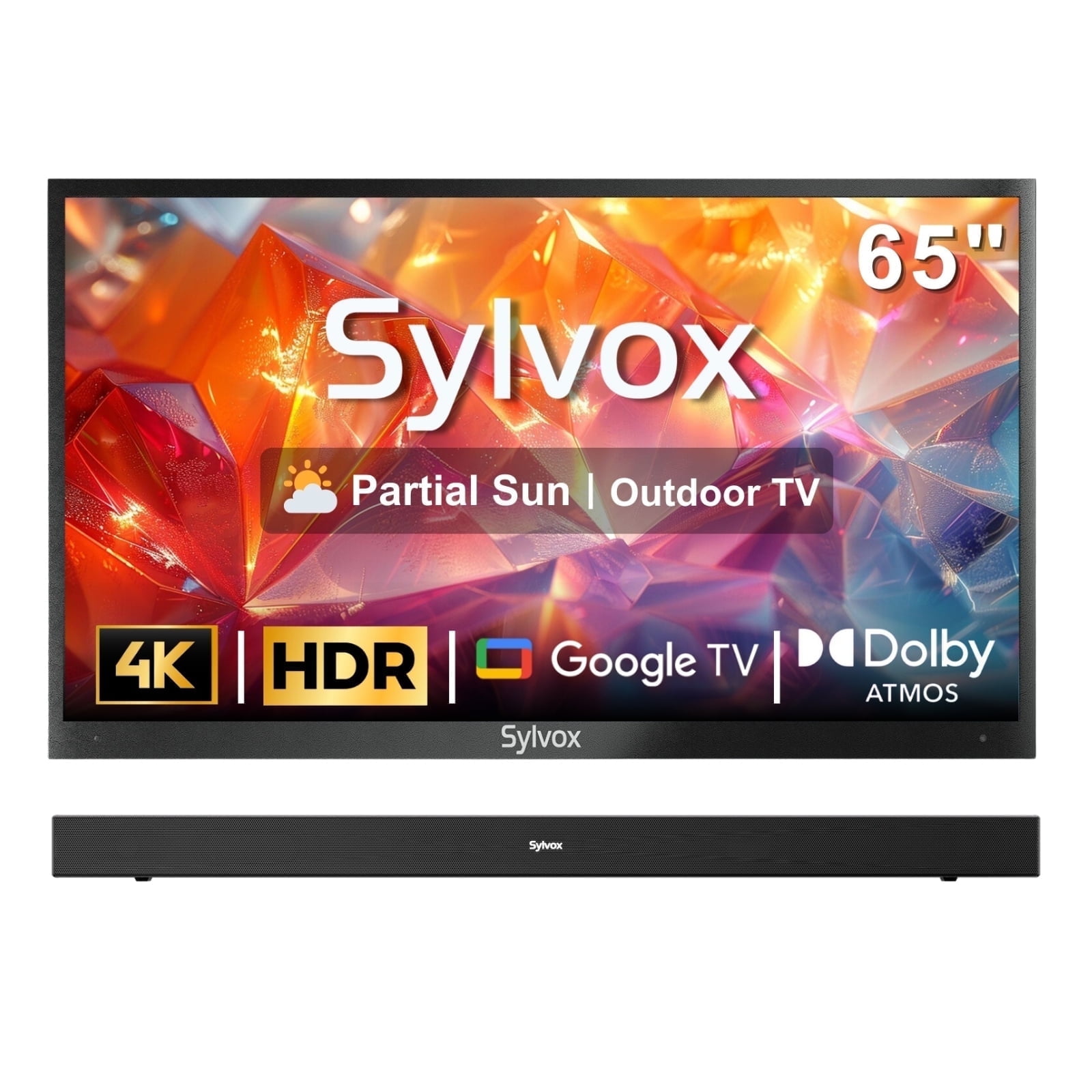 SYLVOX 65" Outdoor TV with Soundbar, 4K UHD Google TV for Partial Sun ...
