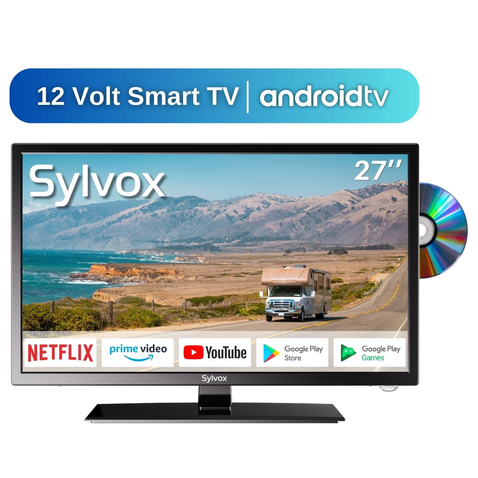SYLVOX Smart RV TV 27 inch TV with Built in DVD Player 12 Volt TV for RV Camper 1080P FHD Android TV Free Download APPs Support WiFi Bluetooth 2