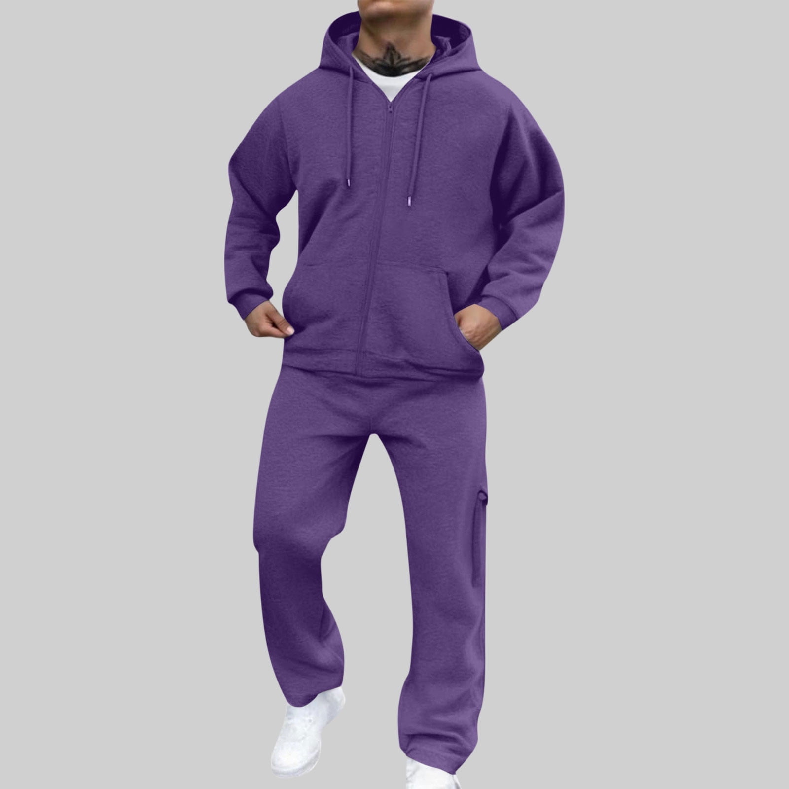 SYMOID Big & Tall Men's 3XL Purple Sweatsuit: Zip-Up Hoodie & Pants Set ...