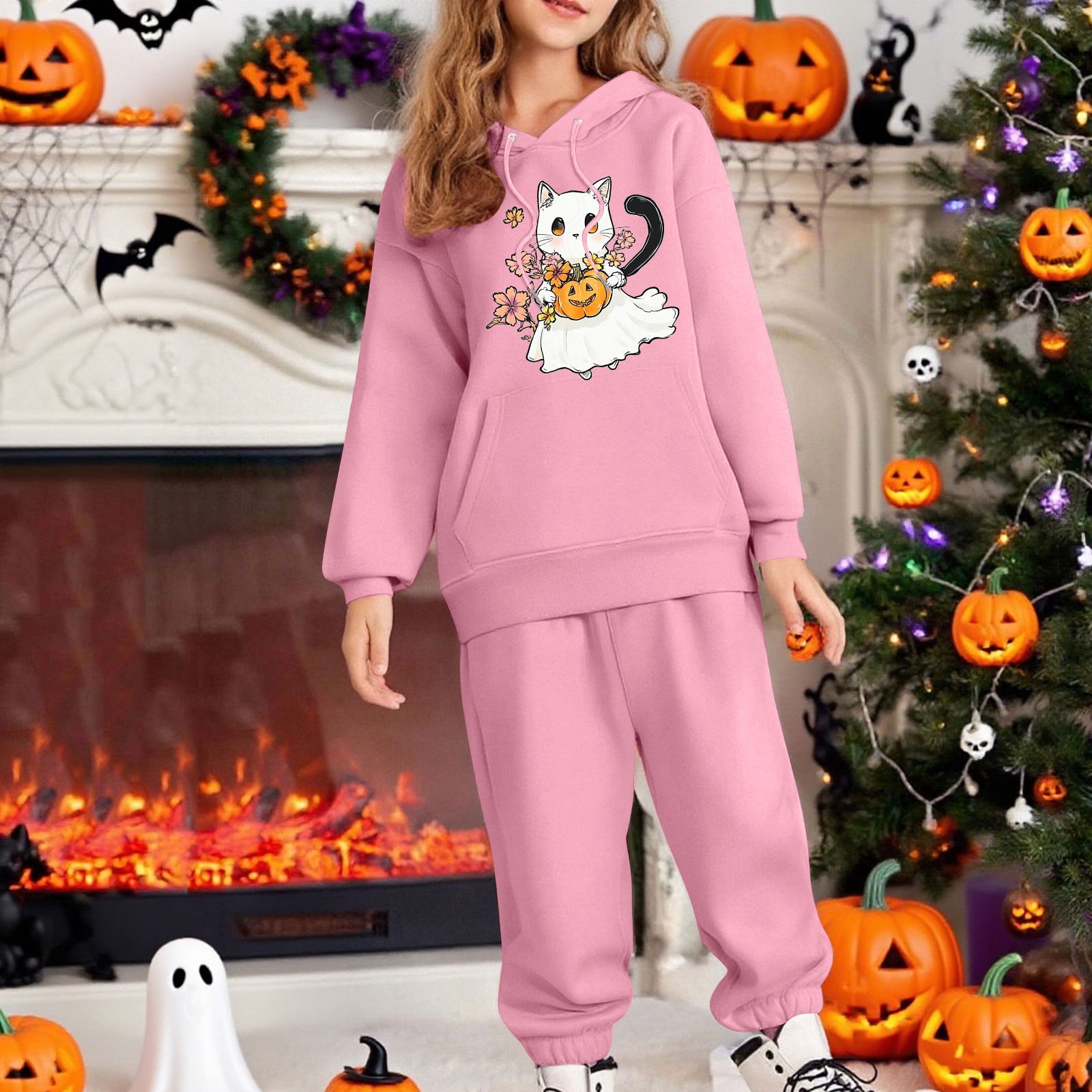 SYMOID Girls' Pink Hall-oween Tracksuit Set - Cat Ghost Pumpkin Graphic ...