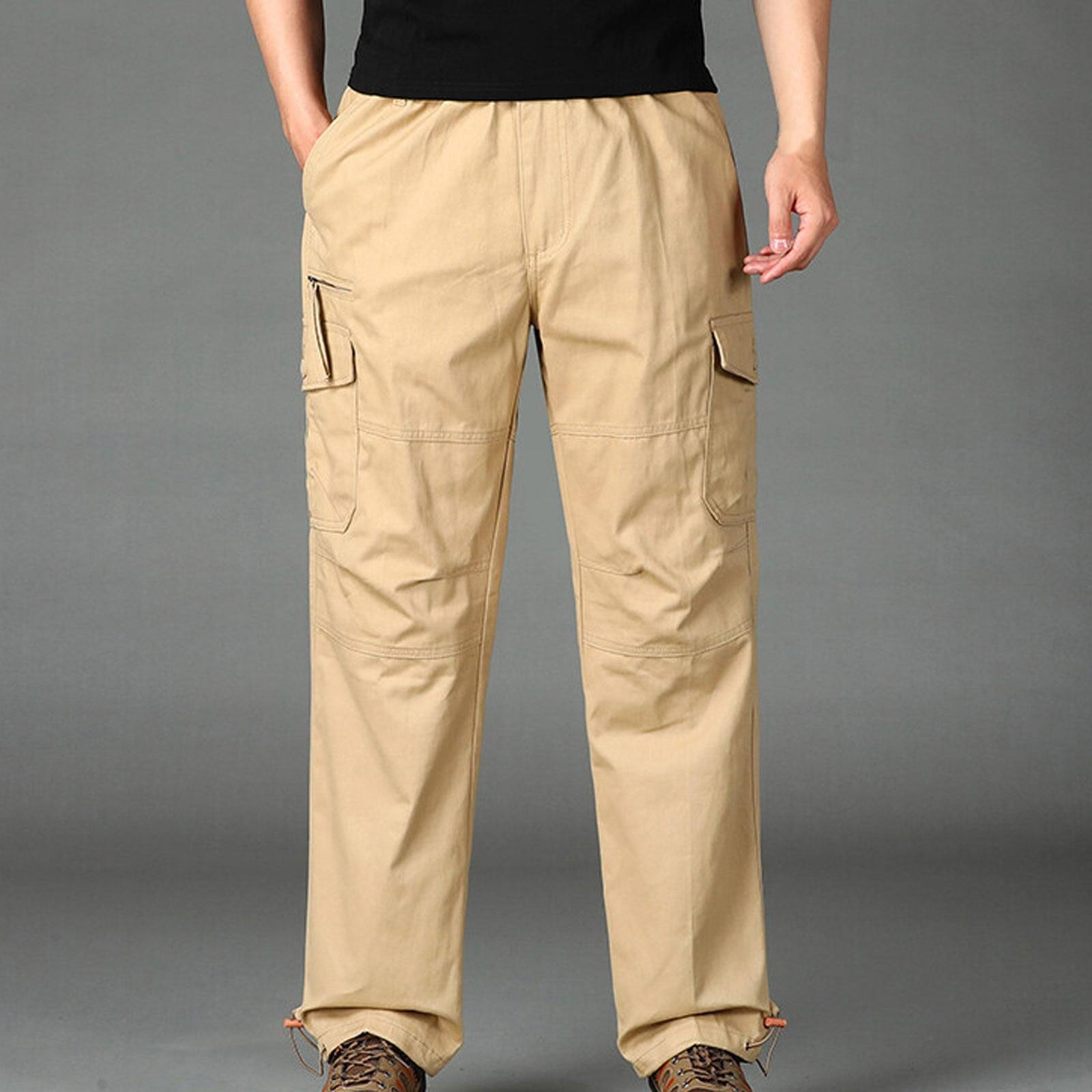 SYMOID Loose Fit Cargo Work Pants for Men with Elastic Waist, Khaki Men ...