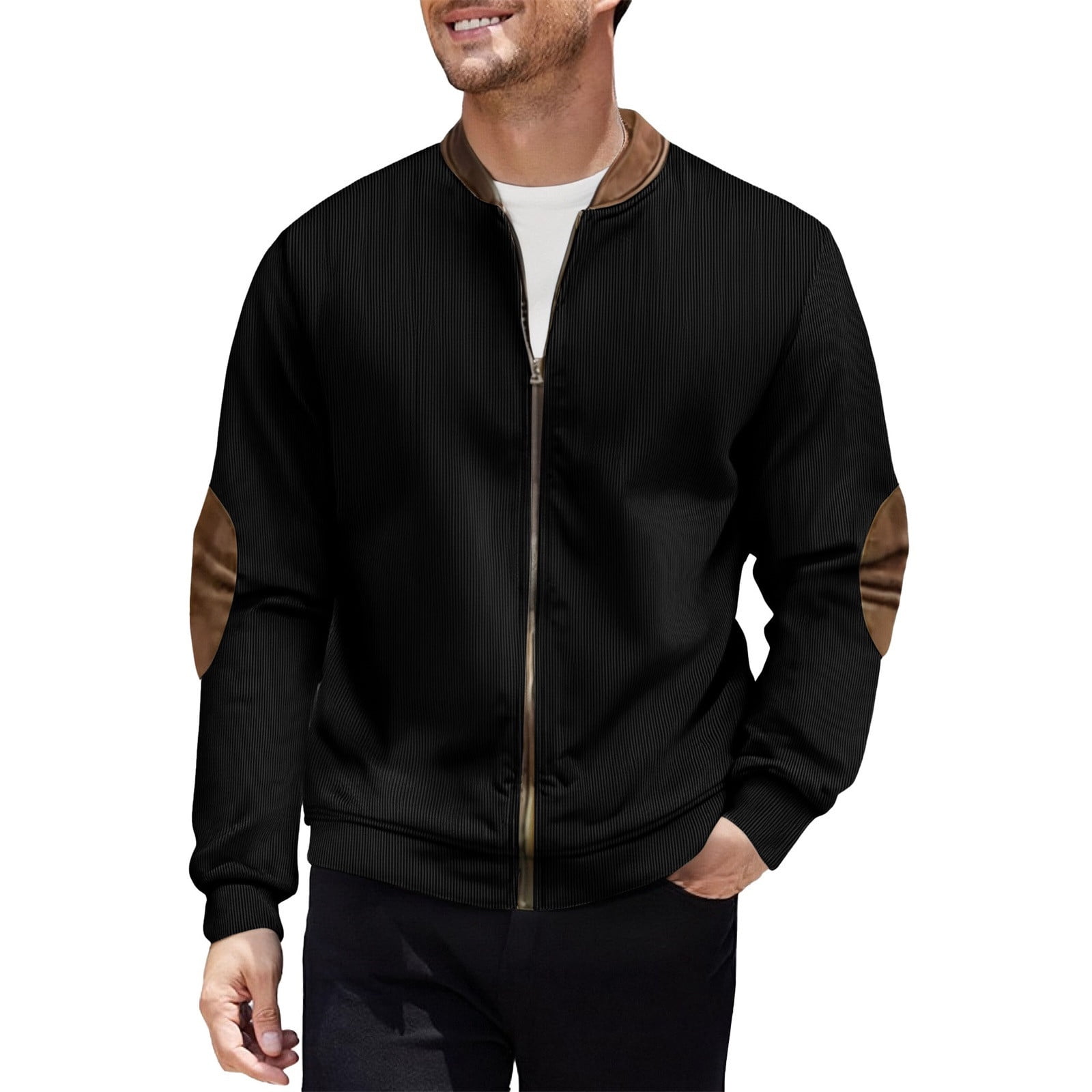 SYMOID Men's Cotton Stretch Bomber Jacket - Full-Zip with Faux Leather ...