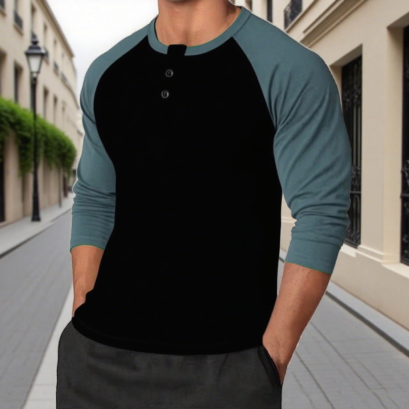 SYMOID Mens Navy Long Sleeve Henley Raglan Shirt, Polyester Spandex ...