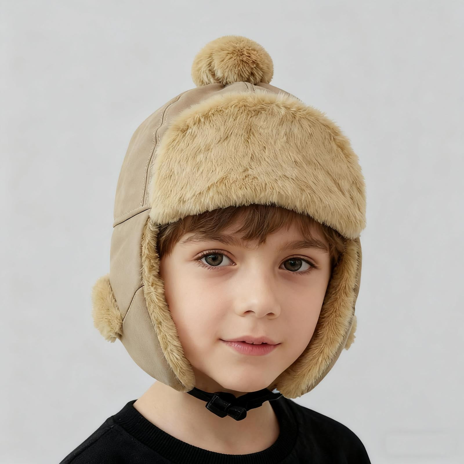 SYMOID Unisex Kids Trapper Hat, Khaki Faux Fur Lined Winter Hat with ...