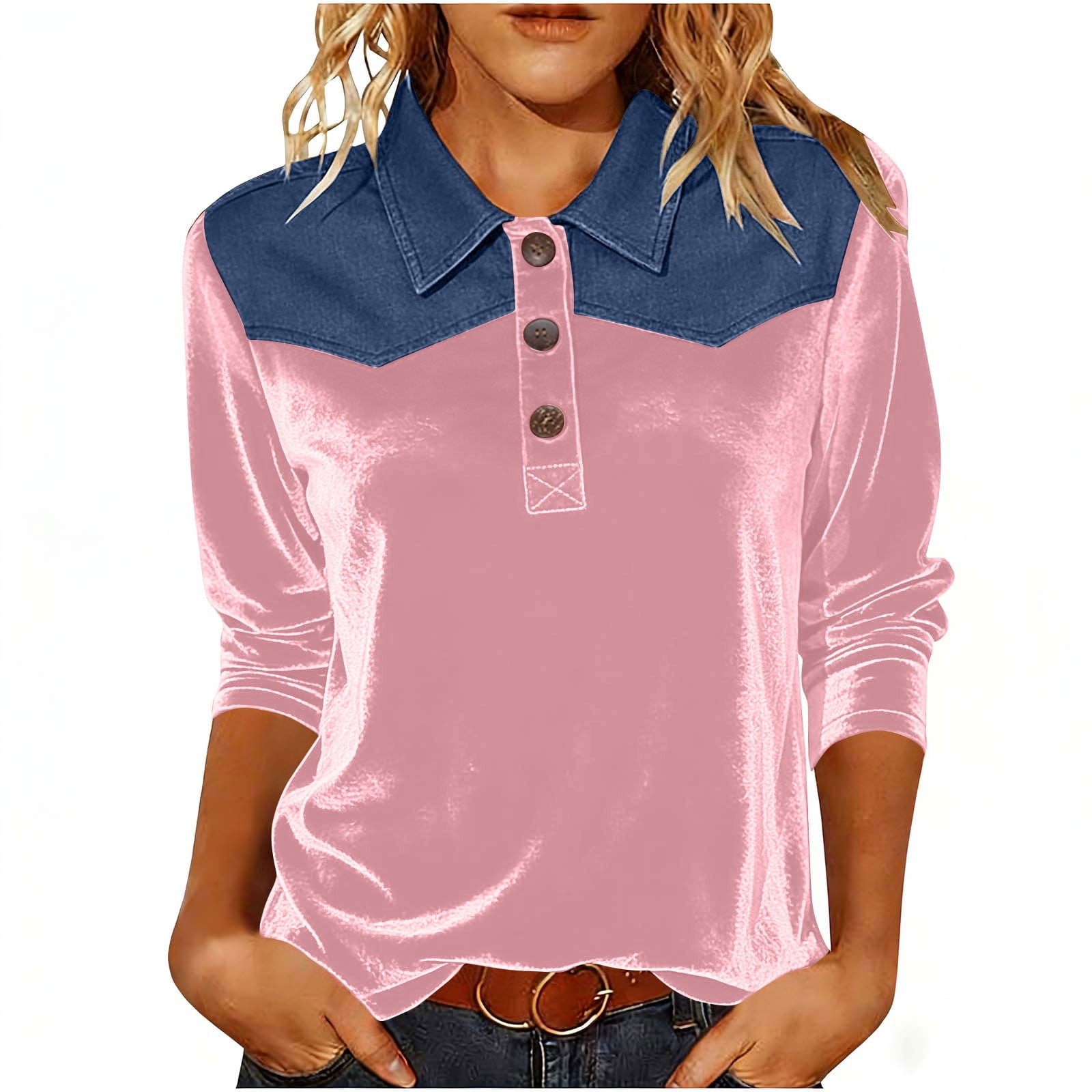 SYMOID Womens Blush Pink Velour Tunic with Denim Collar, Long Sleeve ...