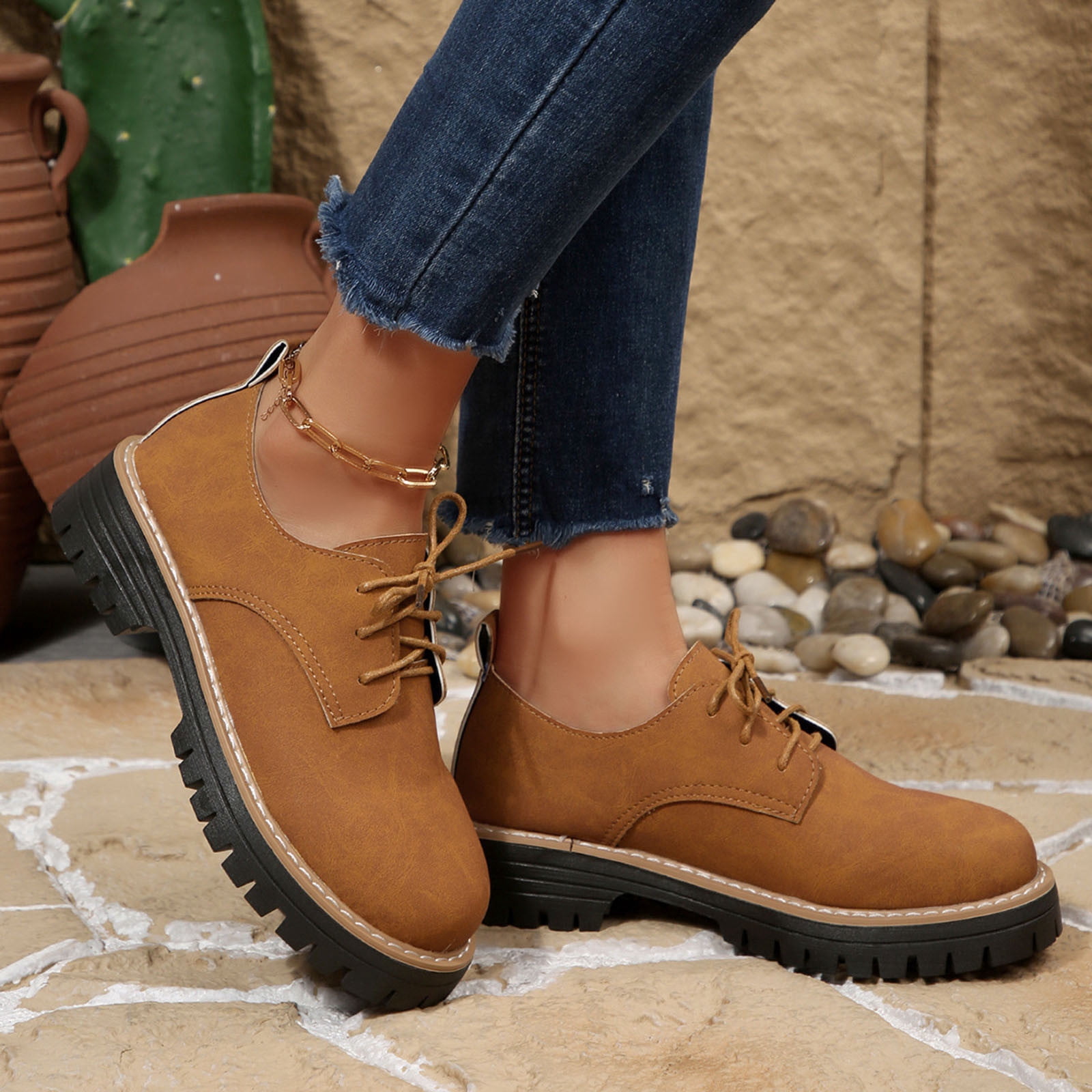 SYMOID Womens Brown Vintage Chunky Derby Shoes - Comfortable Pu Lace-Up ...