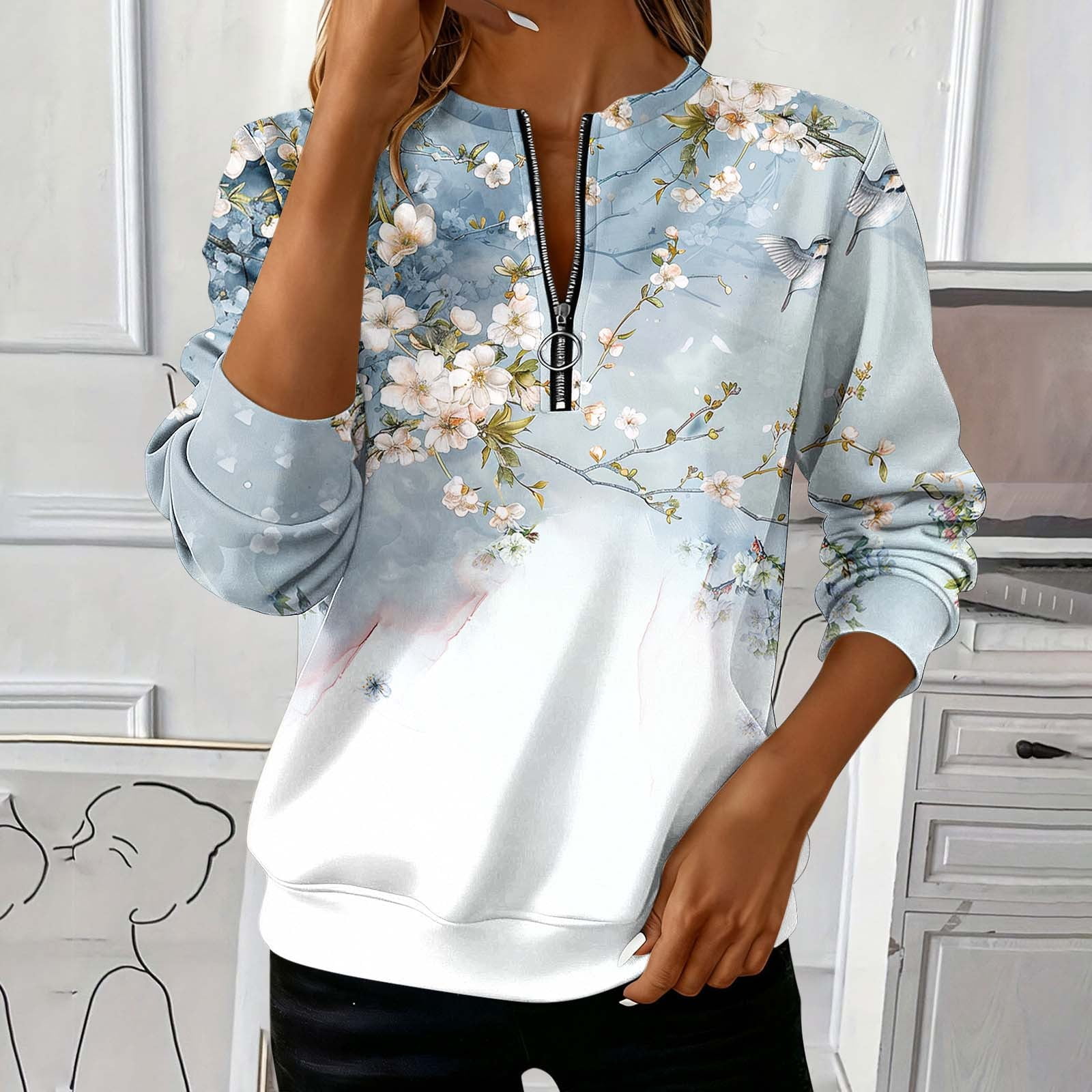 SYMOID Womens Half Zip Sweatshirt - Floral Bird Print Gradient Blue ...