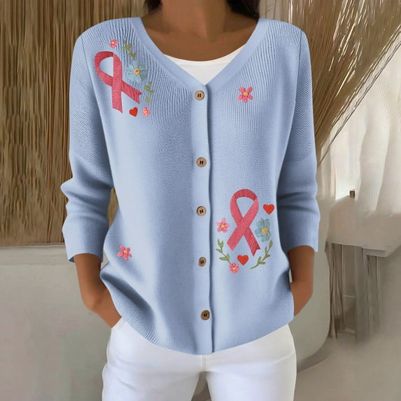 SYMOID Womens Light Blue Breast Cancer Awareness Cardigan - Pink Ribbon ...