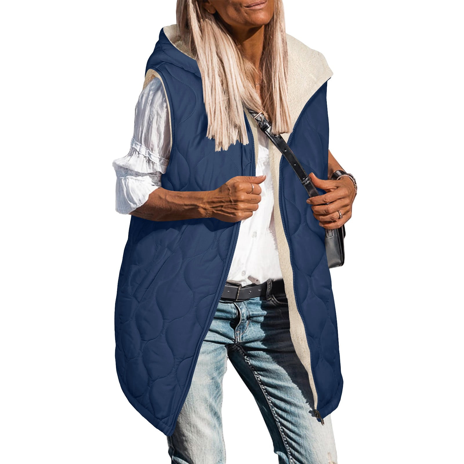 SYMOID Womens Navy Quilted Vest - Faux Shearling Lined, Zipper Front ...