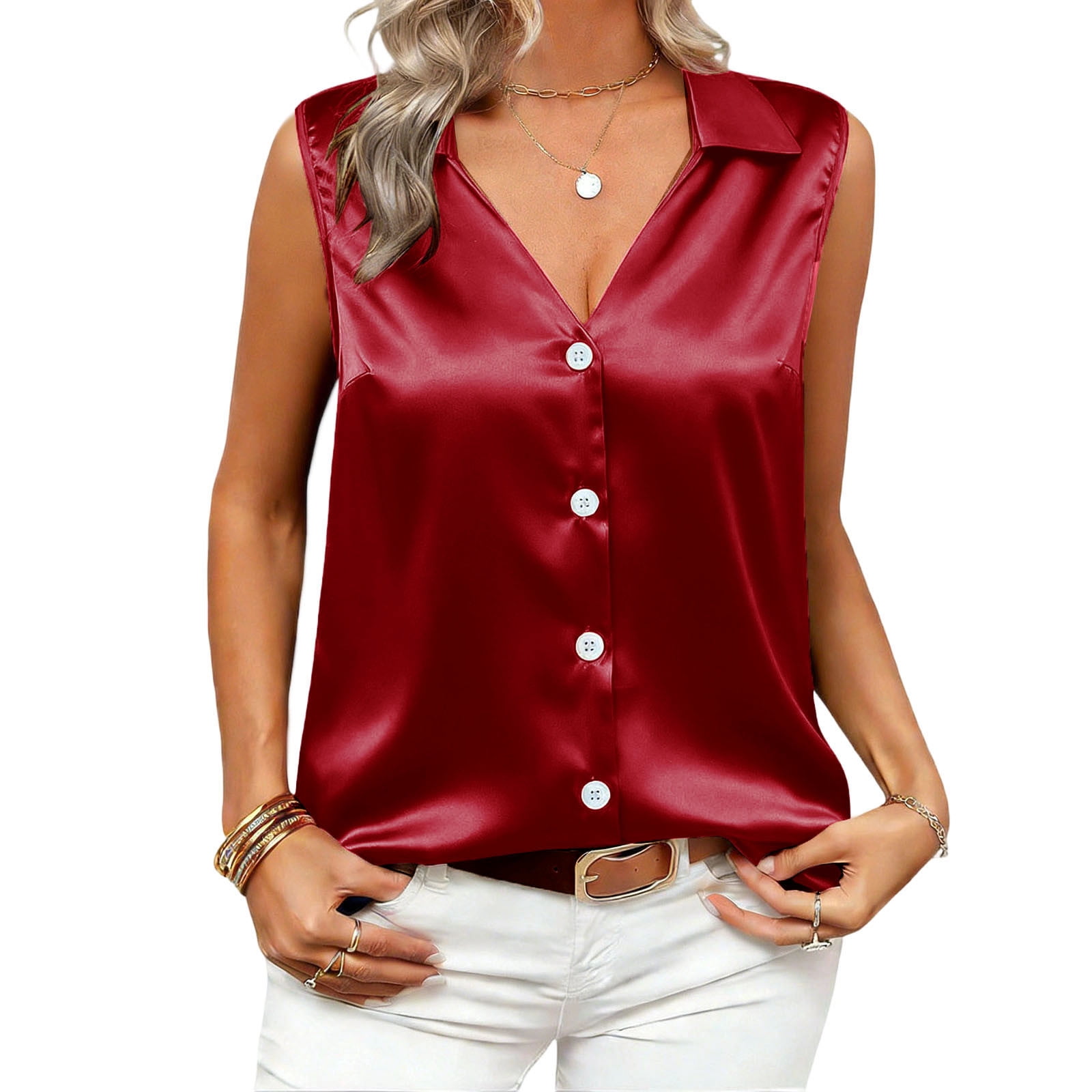 SYMOID Womens Satin Tank Top Sleeveless V-Neck Button Down Blouse ...