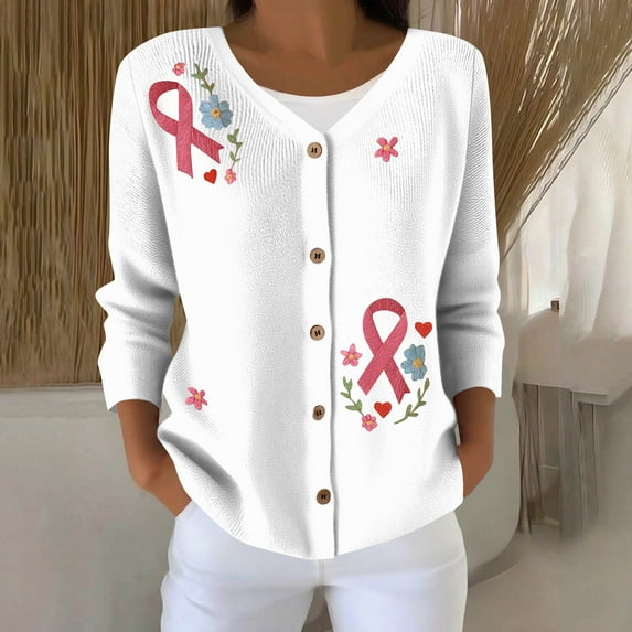 SYMOID Womens White Breast Cancer Awareness Cardigan - V-Neck 3/4 ...