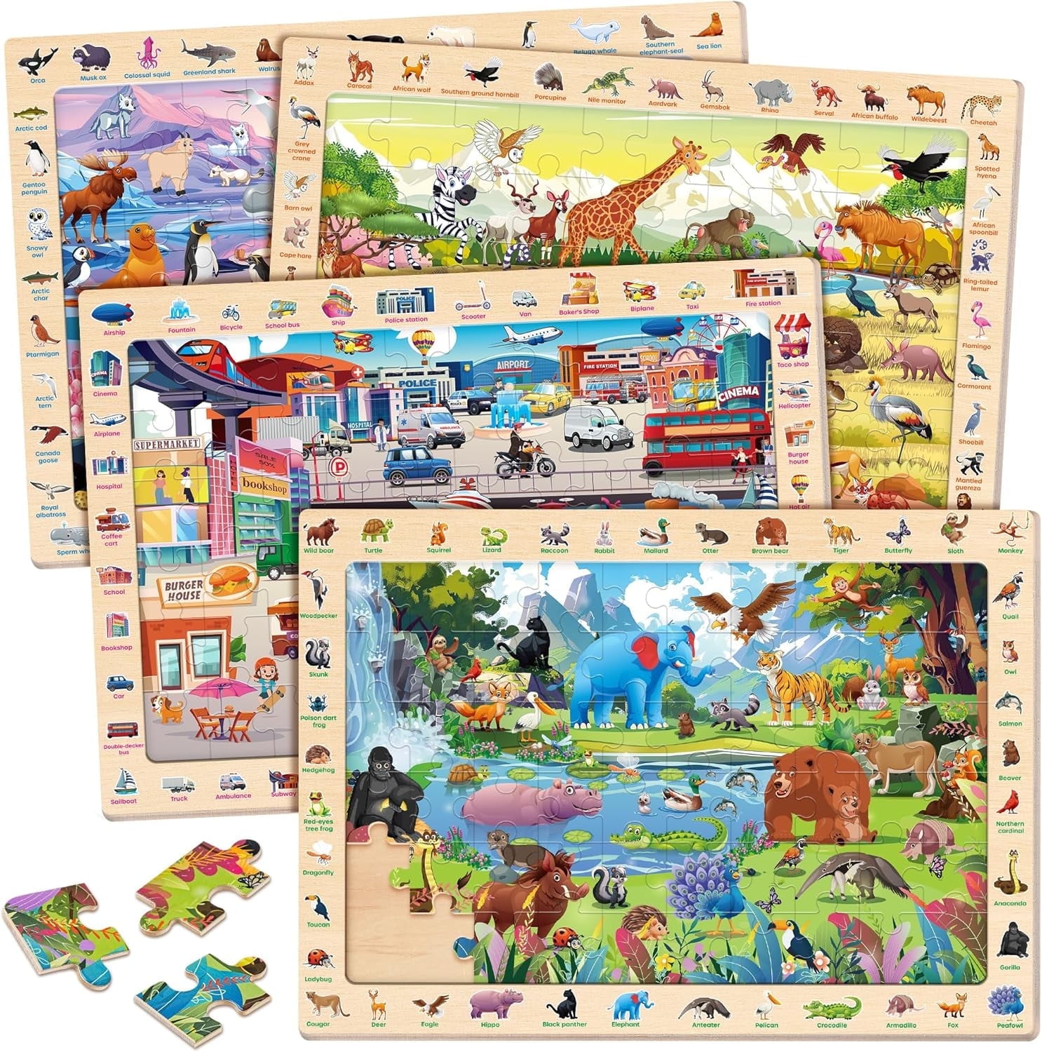 SYNARRY Wooden Match & Find Puzzles, 4 Sets of 60-Piece Wooden Jigsaw ...