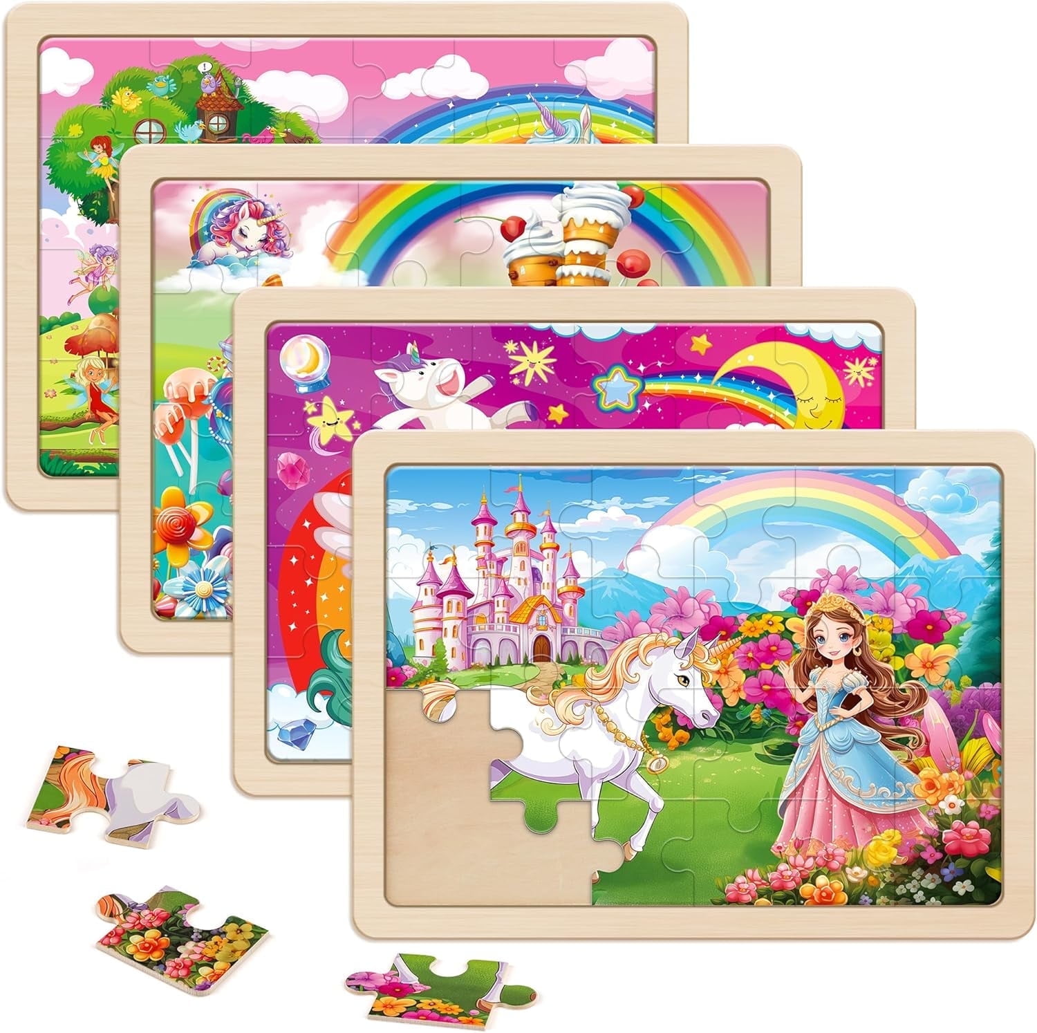 SYNARRY Large Wooden Unicorn Princess Fairy Puzzles for Kids 4-in-1 ...