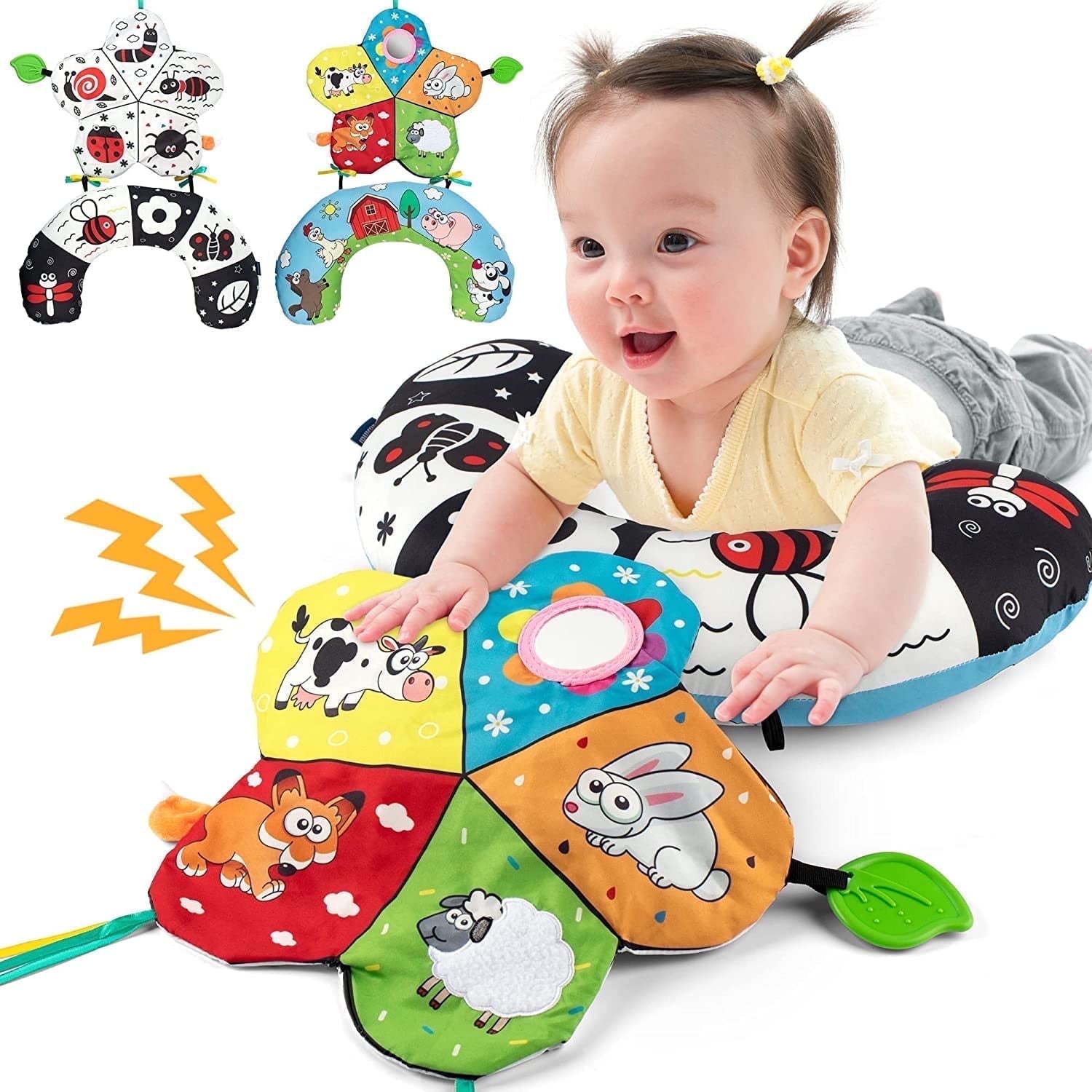 SYNARRY Tummy Time Pillow, Sensory Crinkle Mat with Mirror, Teethers ...