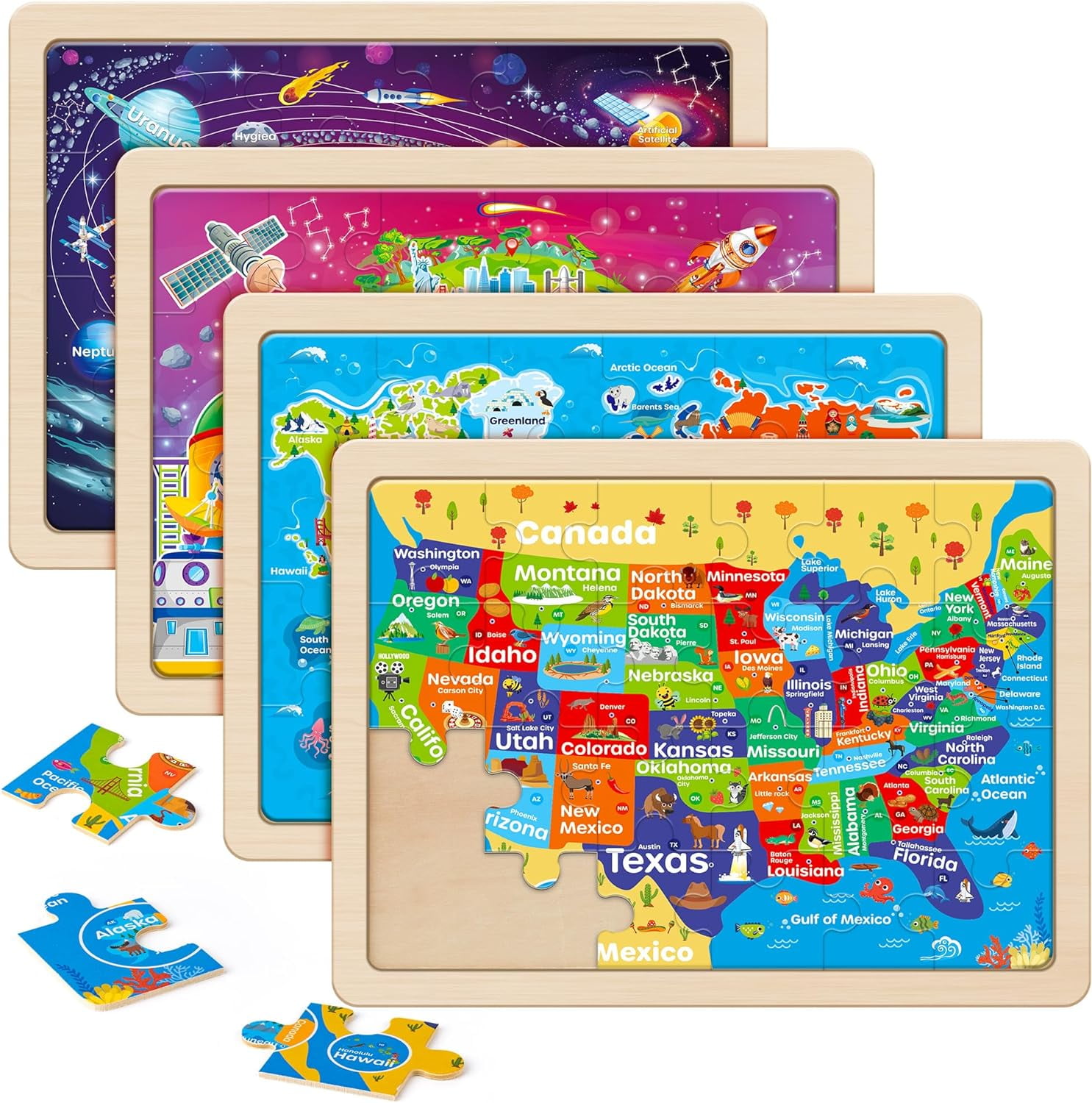 SYNARRY US World Earth Solar System Wooden Puzzles for Kids Ages 3-8, 4 ...