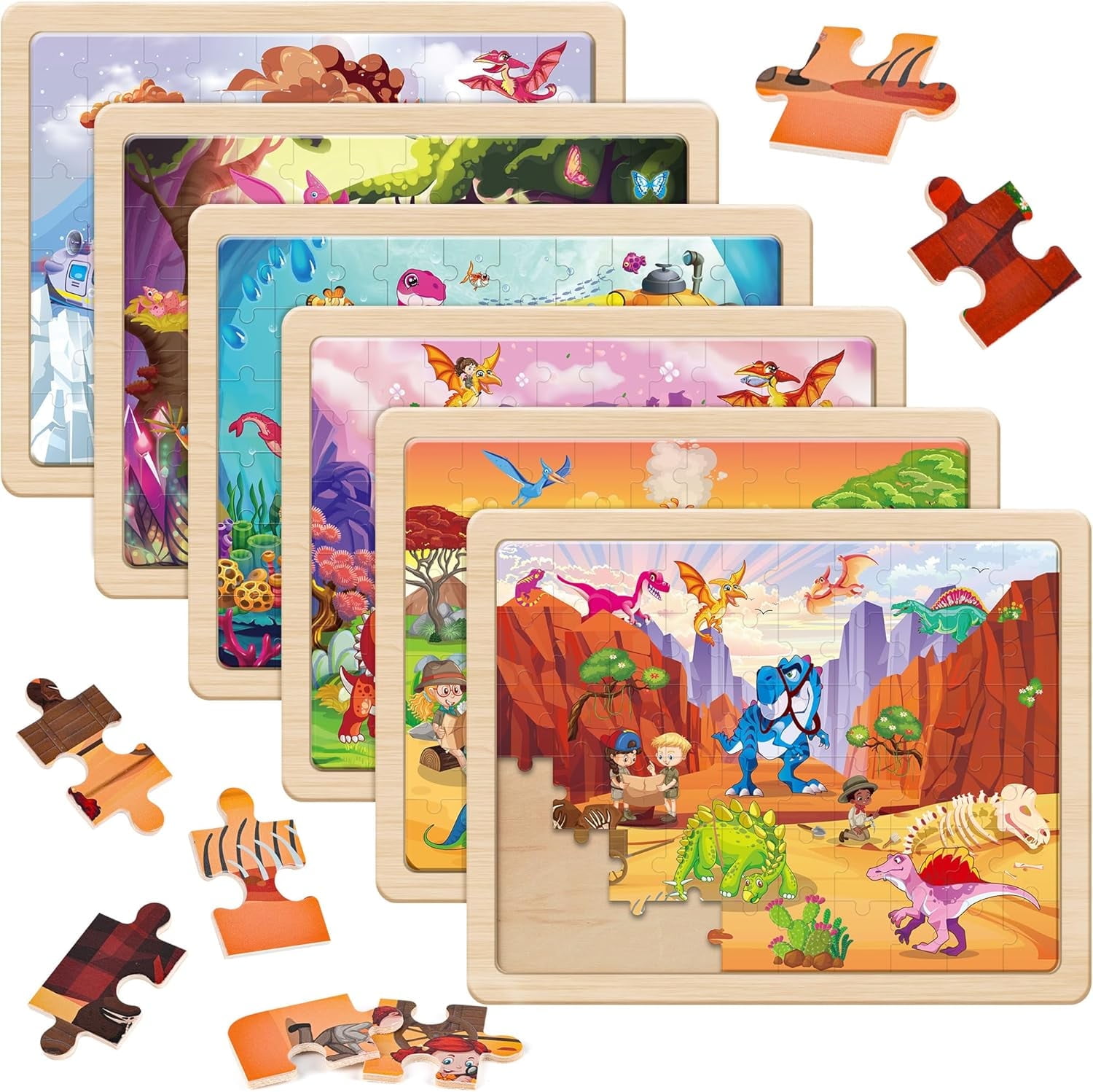 SYNARRY Wooden Dinosaur Puzzles for Kids, 6 Packs 60 PCs Jigsaw Puzzles ...