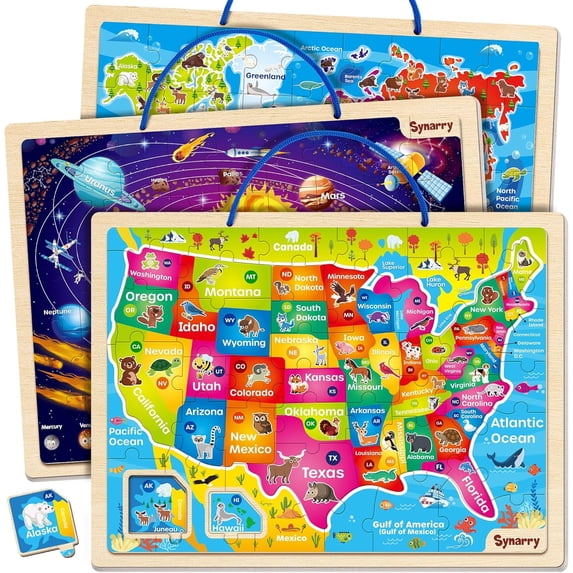 SYNARRY Wooden Puzzle Set, Solar System, World, USA Map for Kids 3-8 ...