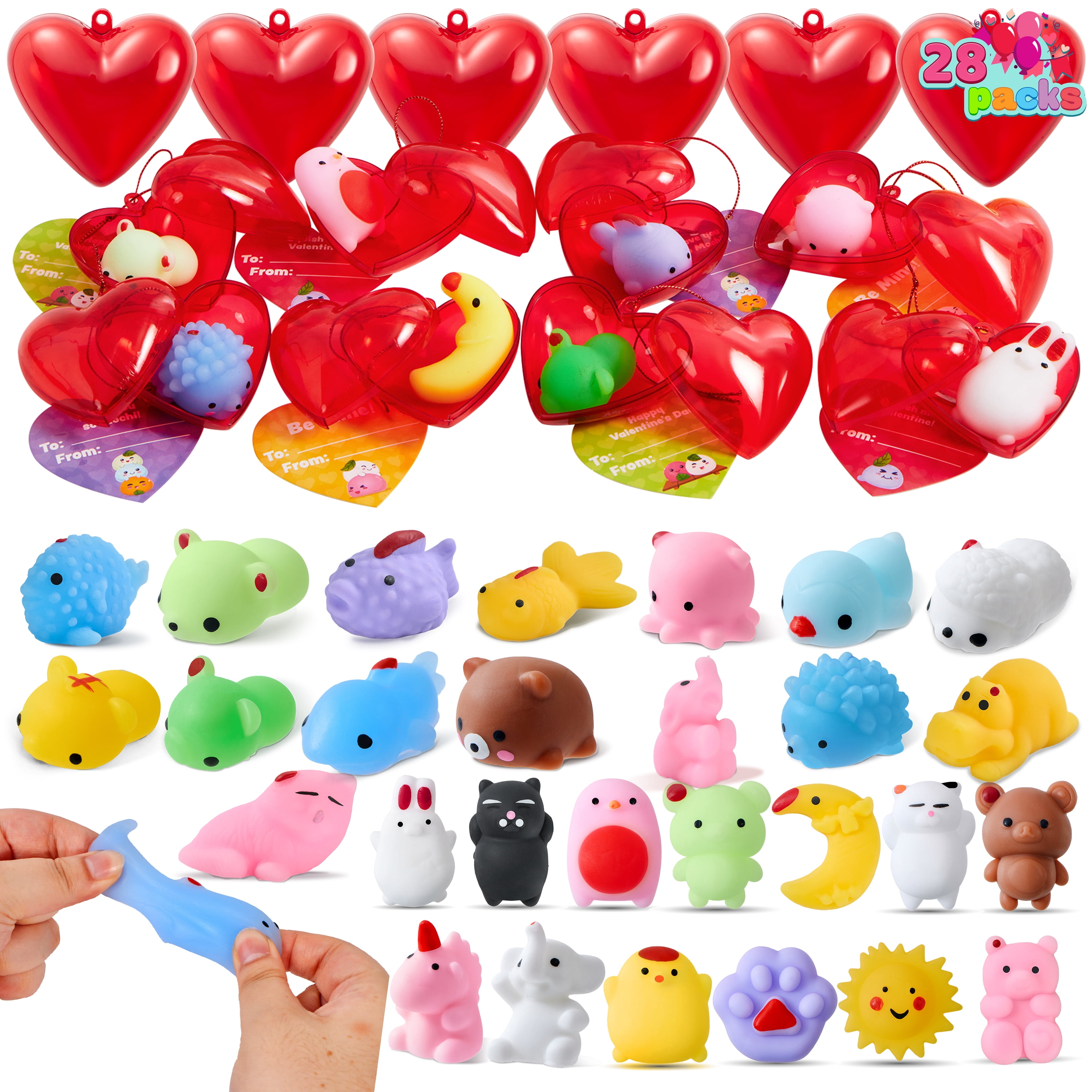 SYNCFUN 56 Pcs Kids Valentine's Day Pack: 28 Mochi Squishy Toys & 28 ...