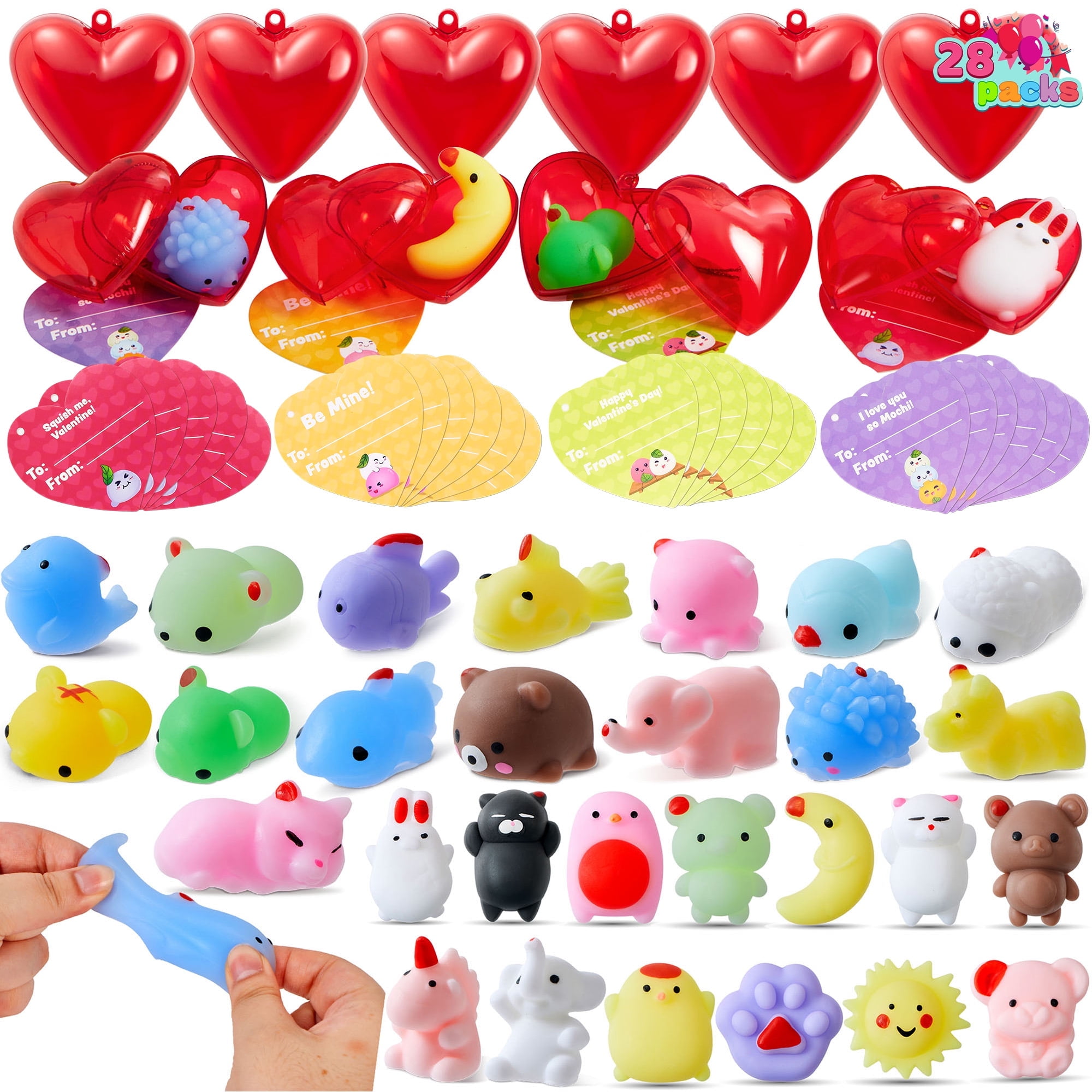 SYNCFUN 56 Pcs Kids Valentine's Day Pack: 28 Mochi Squishy Toys & 28 ...