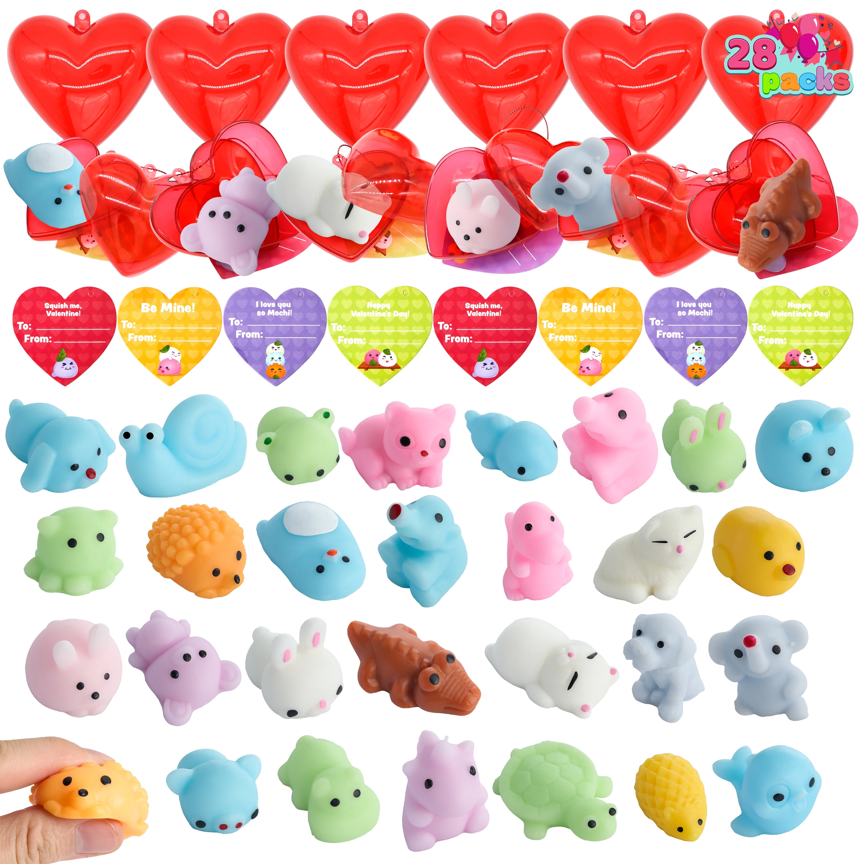 SYNCFUN 56 Valentine's Cards for Kids with 28 Mochi Squishy Toys and ...