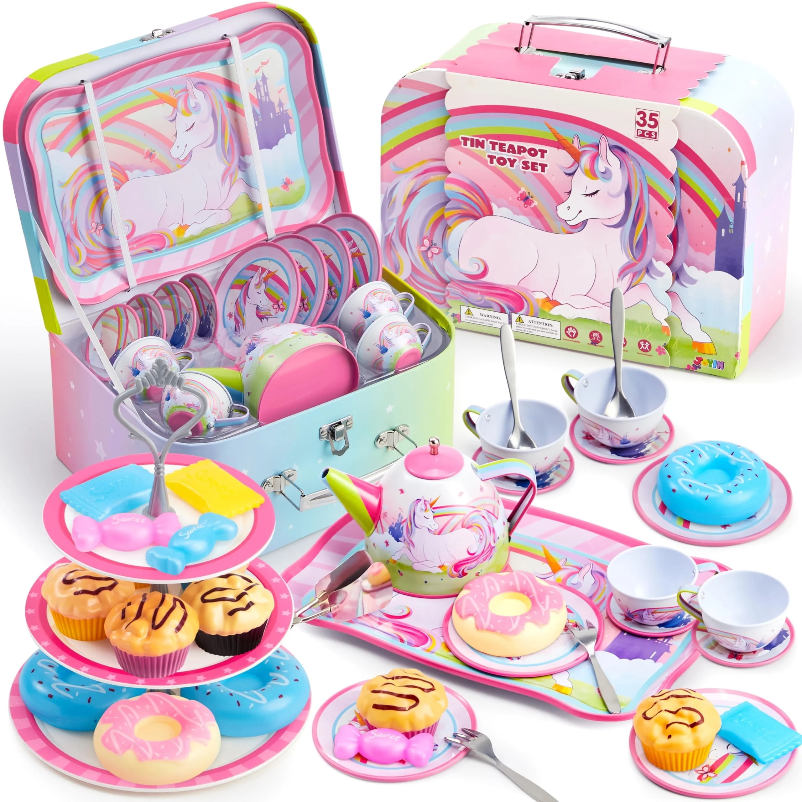 SYNCFUN 35 Pcs Unicorn Tea Set for Little Girls, Pretend Tin Teapot Set ...