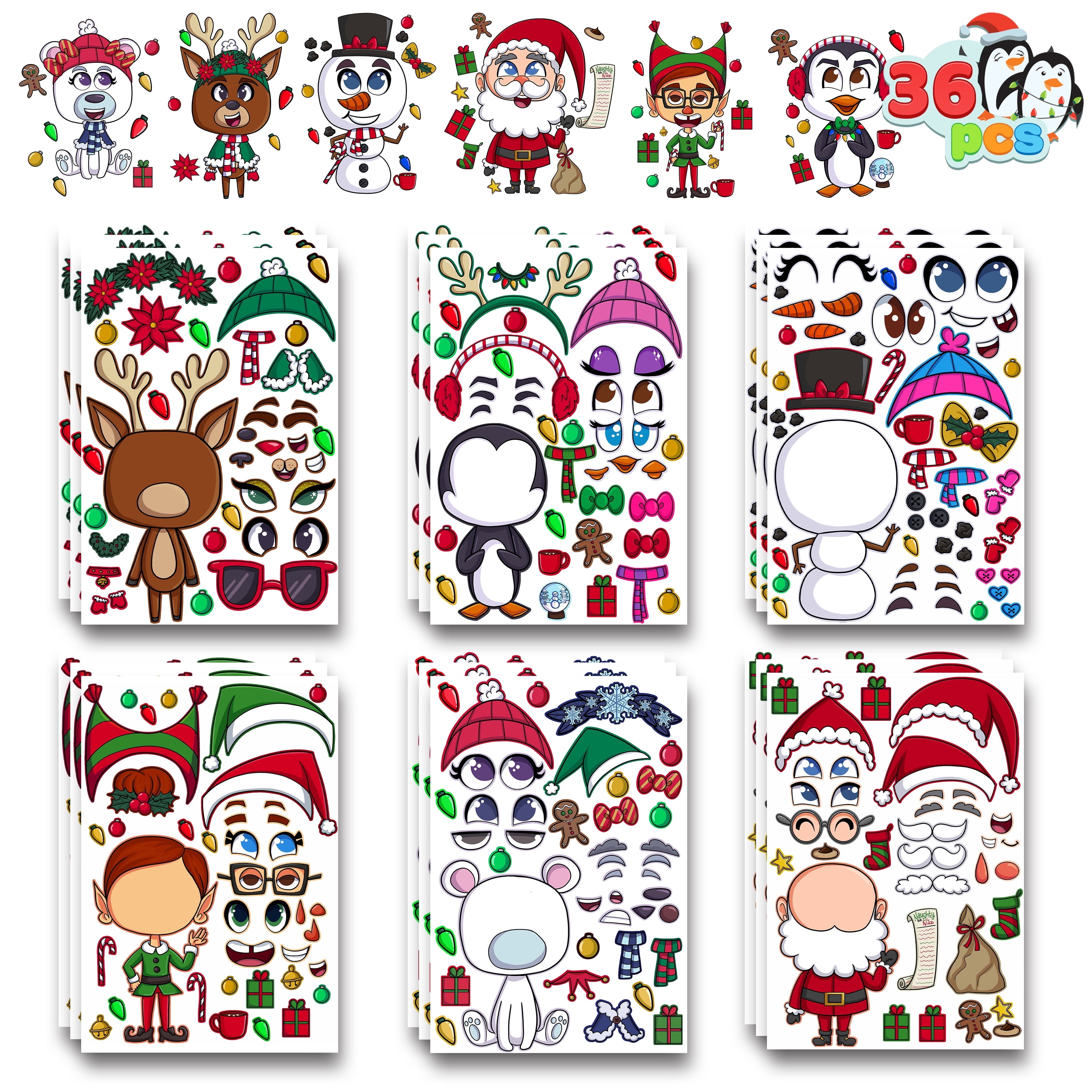 Joyfy 36 Pcs Christmas Make-a-face Sticker Sheets for Kids, Make Your ...