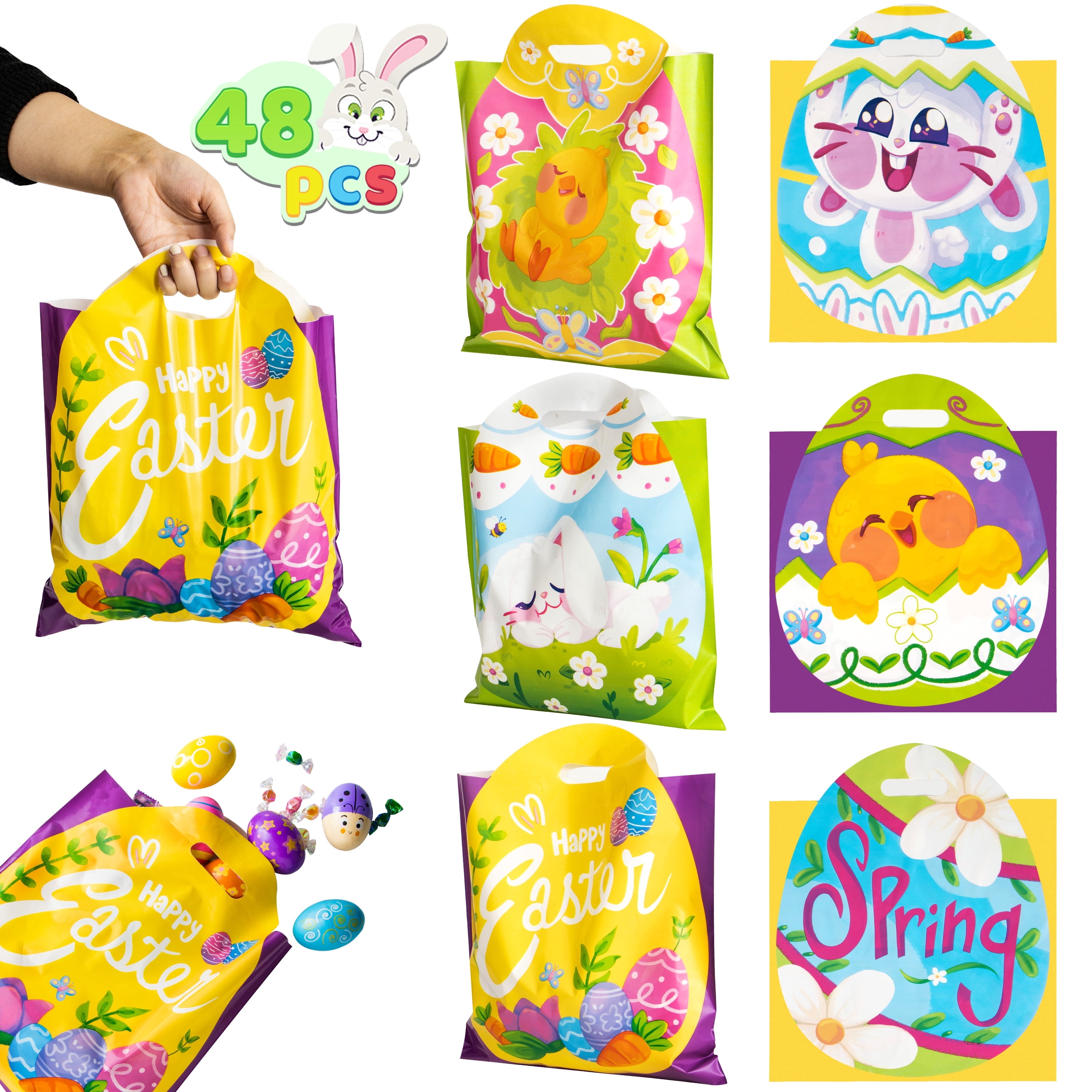 SYNCFUN 48 Pcs Easter Gift PE Bags for Kids, Large Easter Treat Tote ...