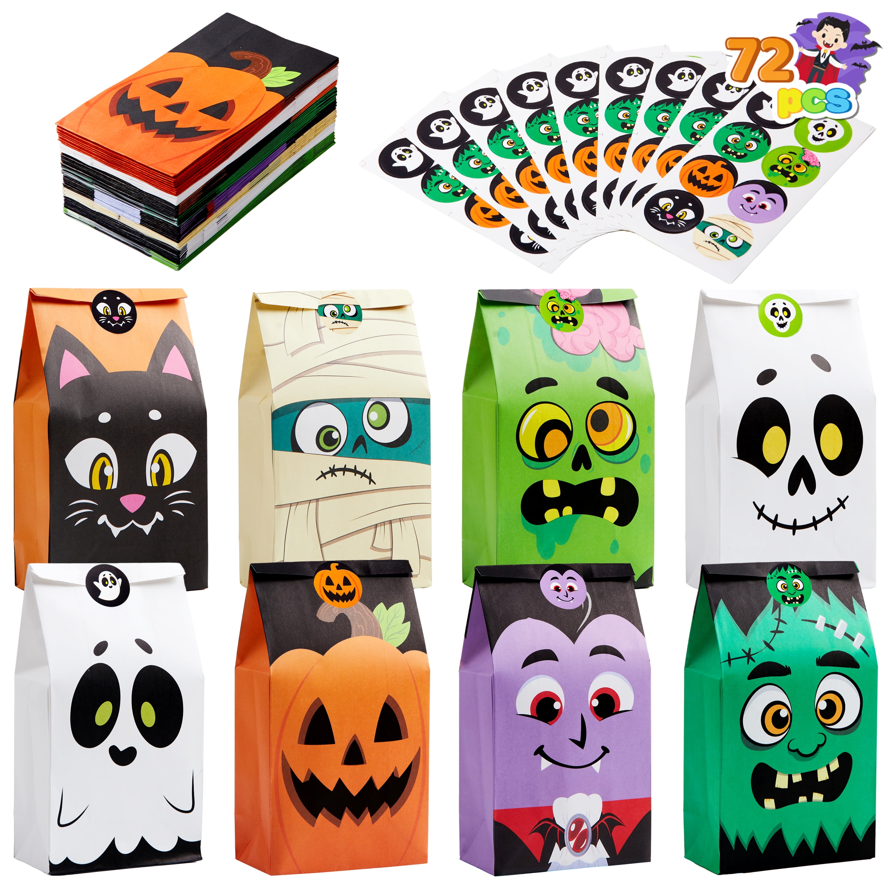 SYNCFUN 72 Pcs Halloween Treat Bags with Sticker,Goodie Bags Paper Halloween Candy Bags Trick or ...