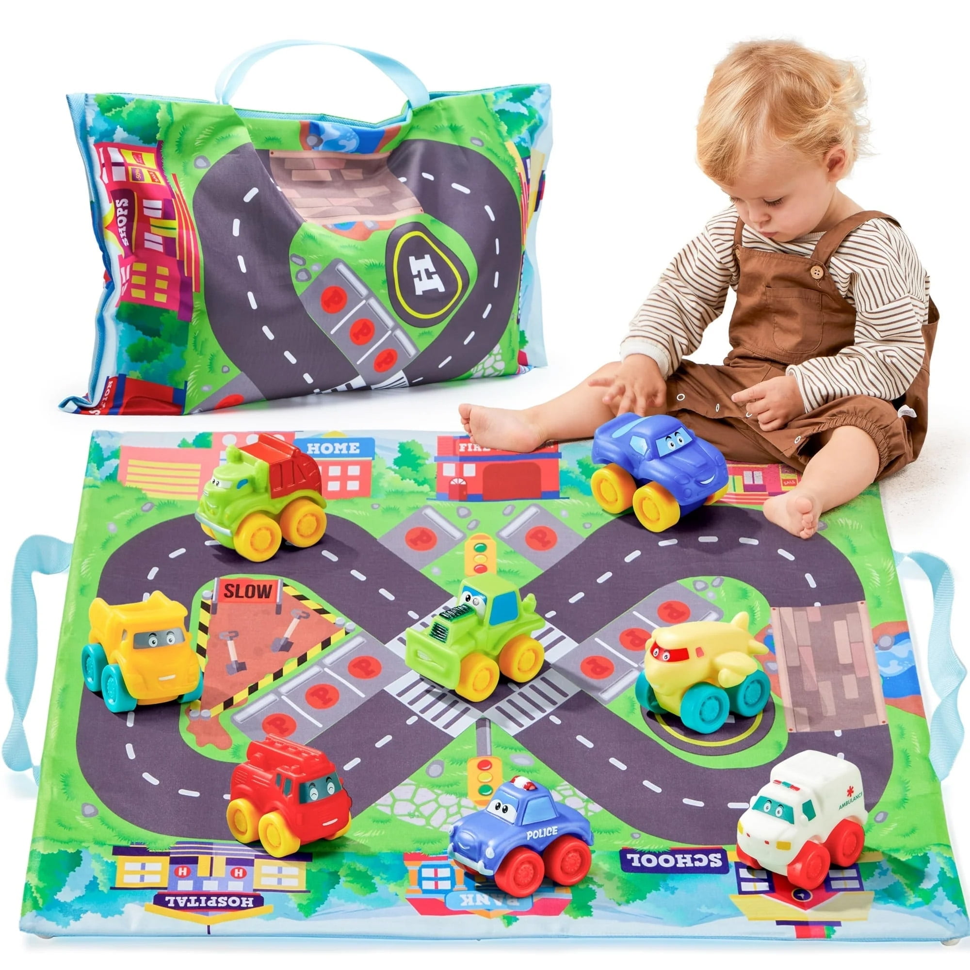 SYNCFUN Toddlers Toy Car Set, 8 Rubber Pull-Back Cars with Playmat ...
