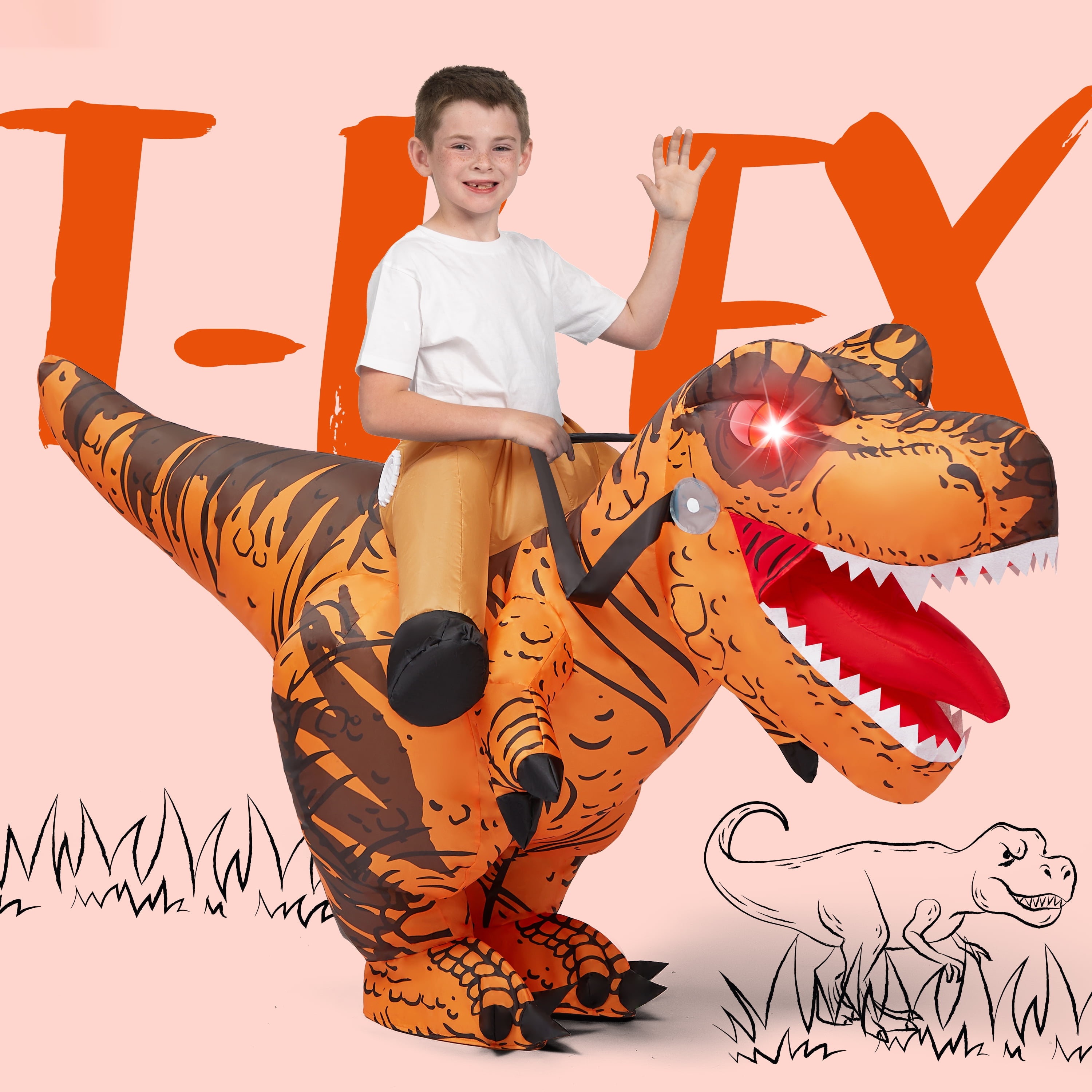 SYNCFUN Inflatable Costumes for Kids, Riding a Light-Up Eyes T-rex Blow ...