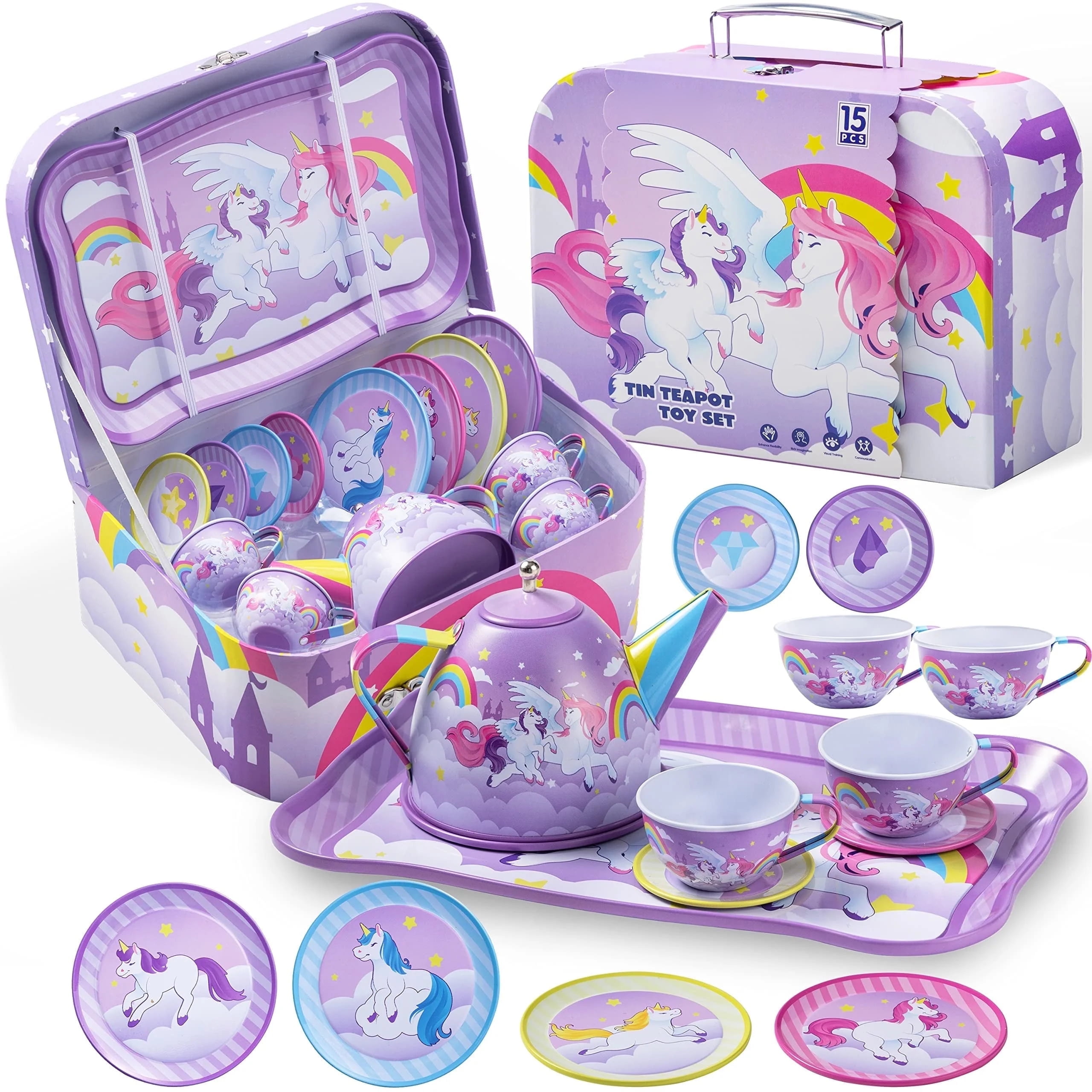 SYNCFUN Unicorn Tea Set for Girls, Purple Tin Teapot and Play Dishes ...