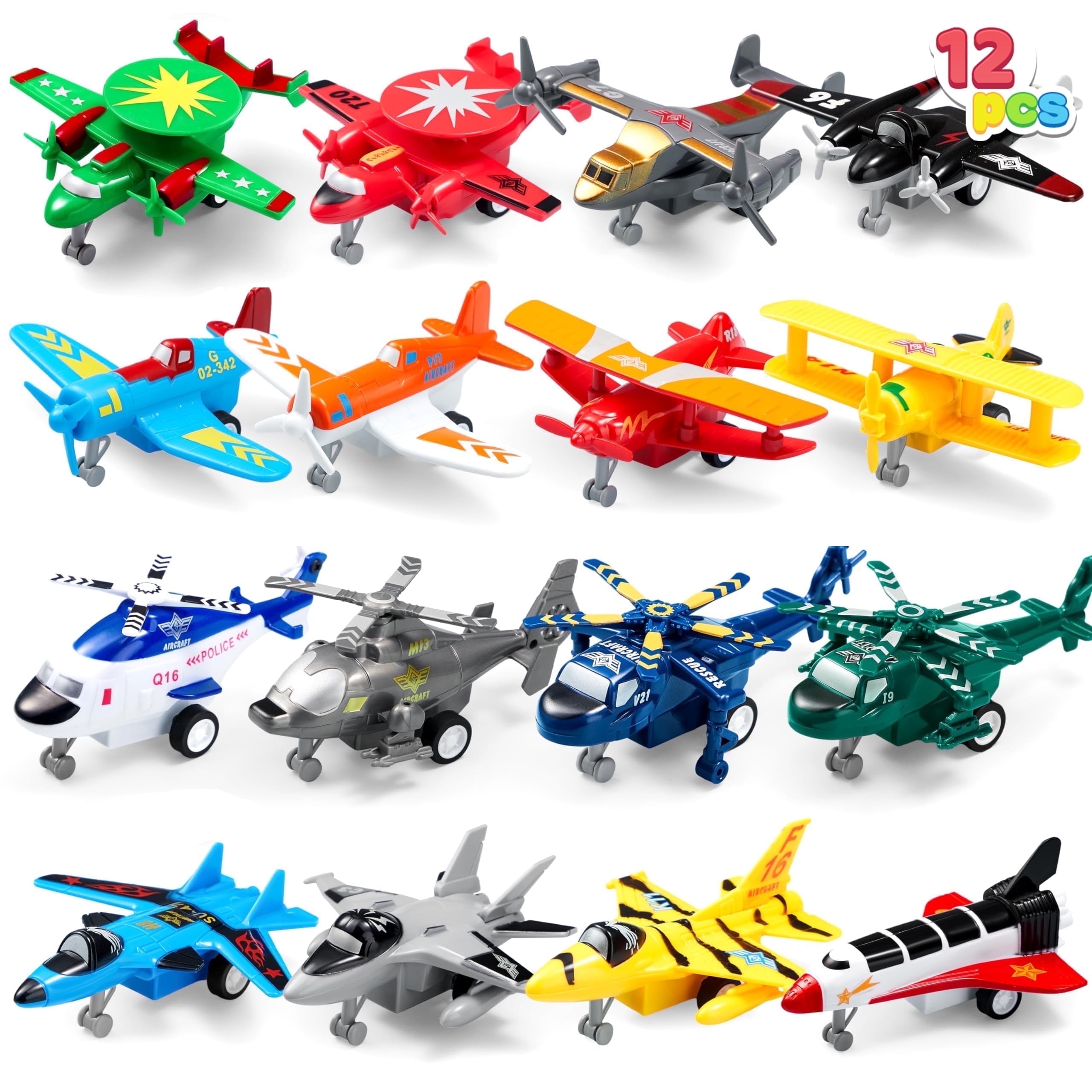 Joyfy 16 Pcs Pull Back Airplane Toys with Fighter, Helicopter, Bomber ...