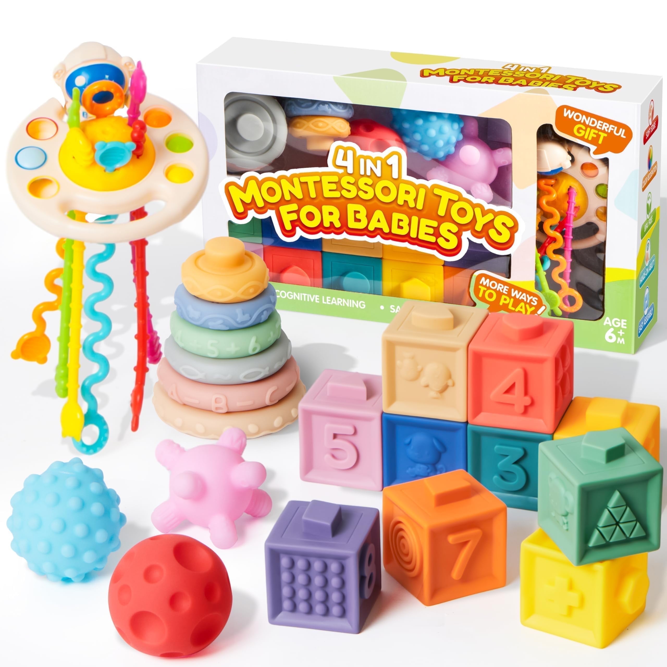 SYNCFUN Montessori 4-in-1 Baby Toys for 0-12 Months, Stackable Ring ...