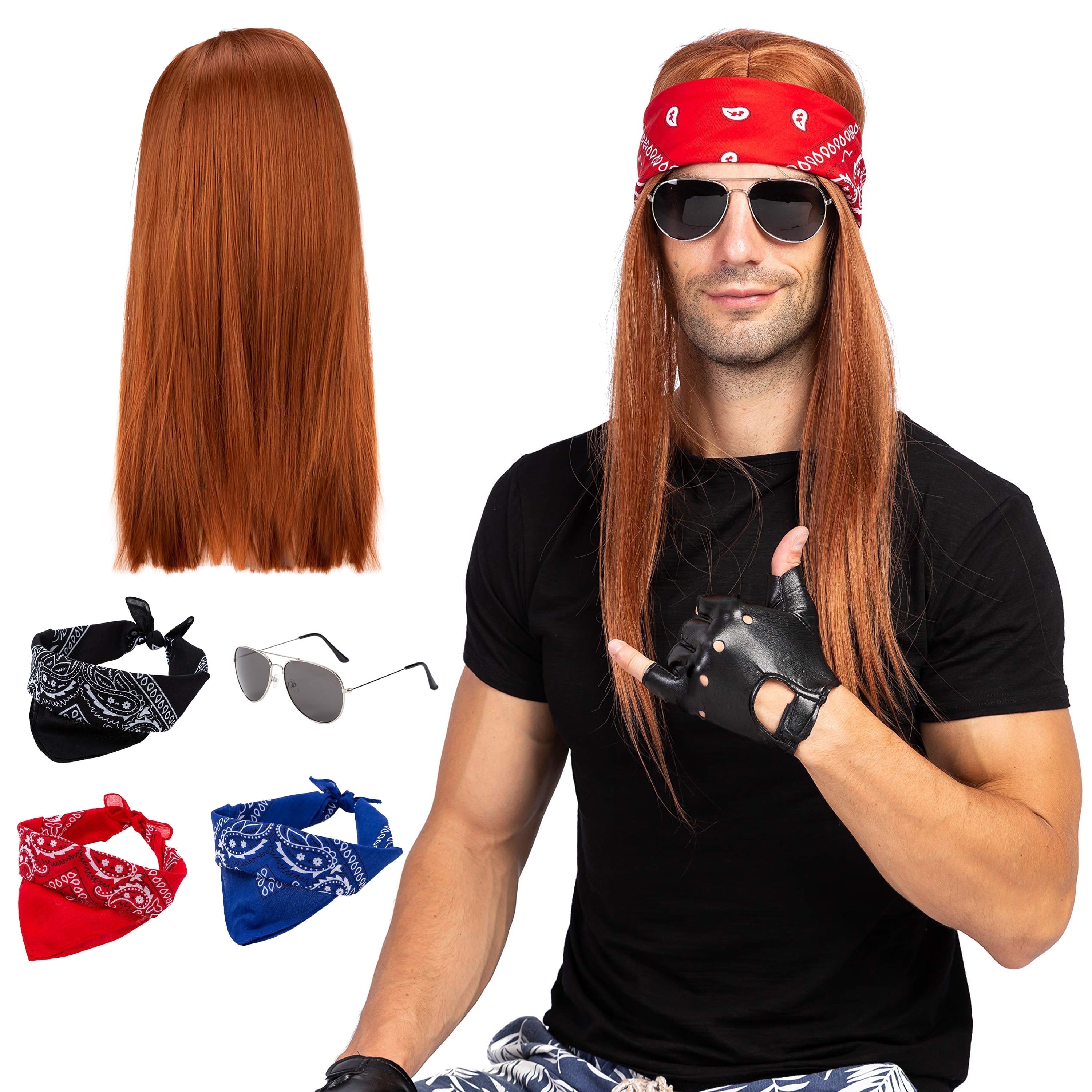 Joyfy Rocker Costume 80s with 3pcs Bandanas, Wig, Gloves, Halloween ...